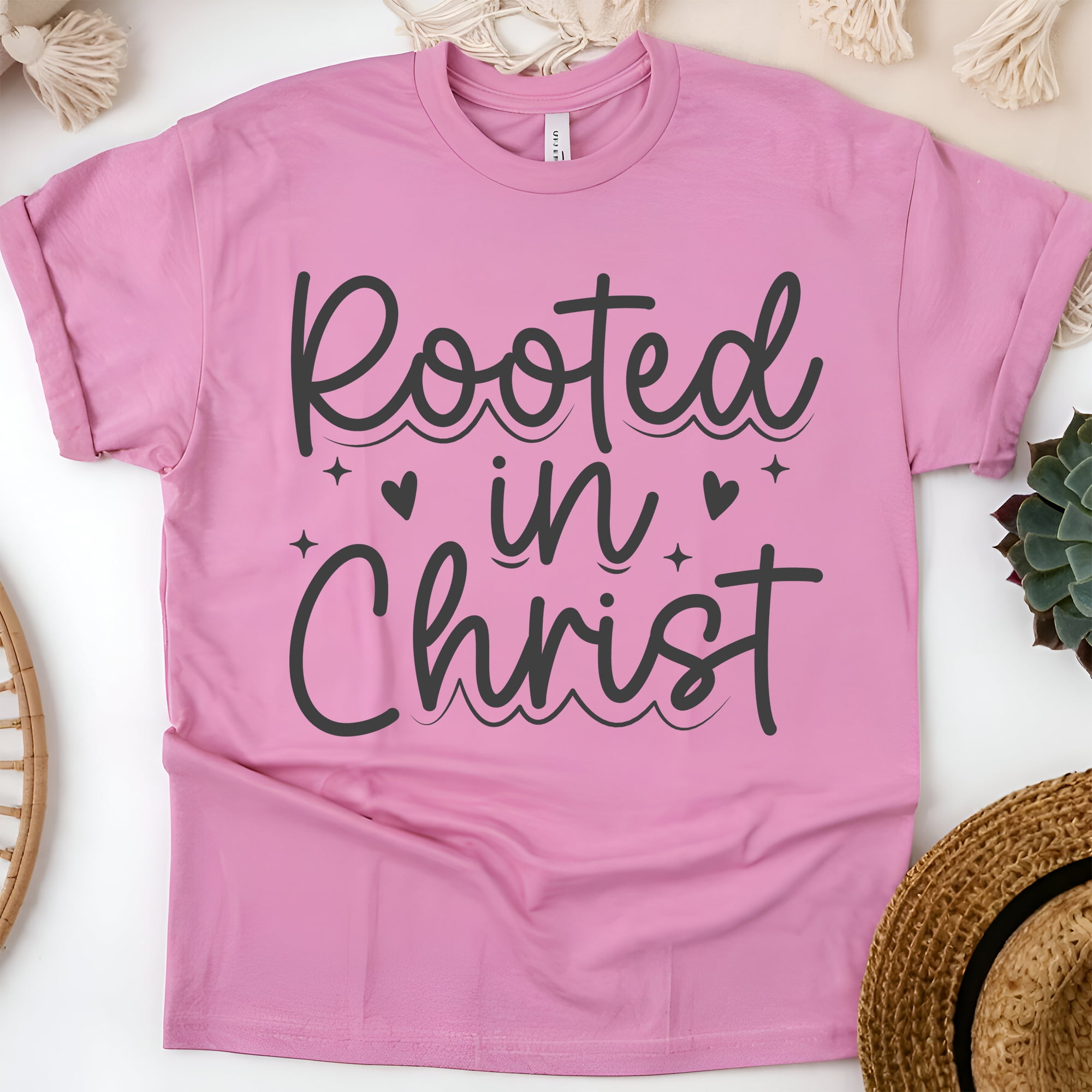 Inspirational Faith Tee with Rooted in Christ Lettering Print, Azalea ...