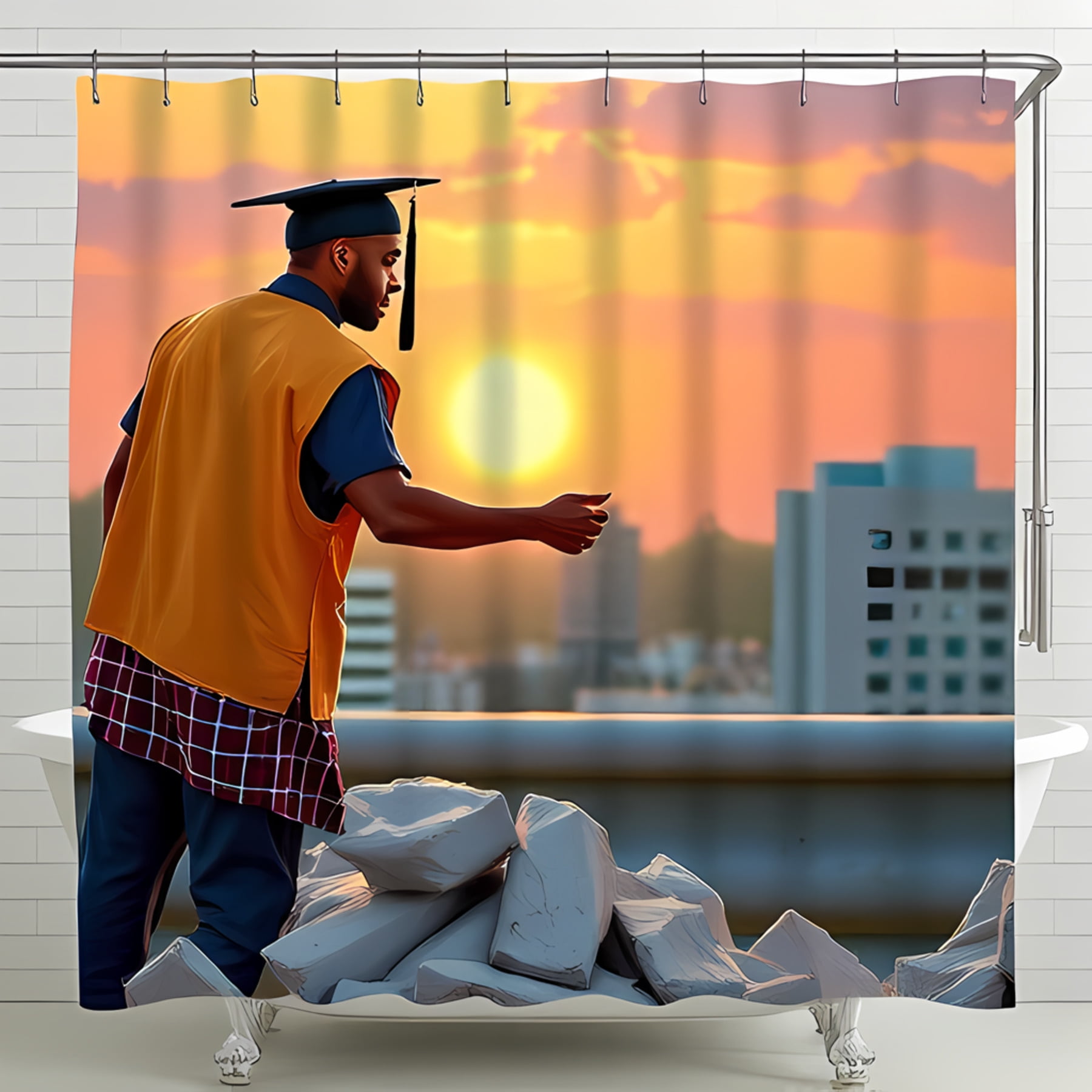 Inspirational Graduation Shower Curtain with Sunset Backdrop Design ...