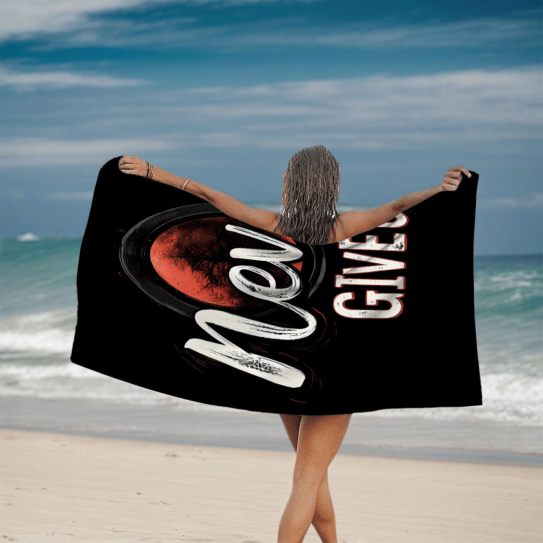 Inspirational ' Never Give Up ' Bath Towel - Bold Cursive Text Black ...