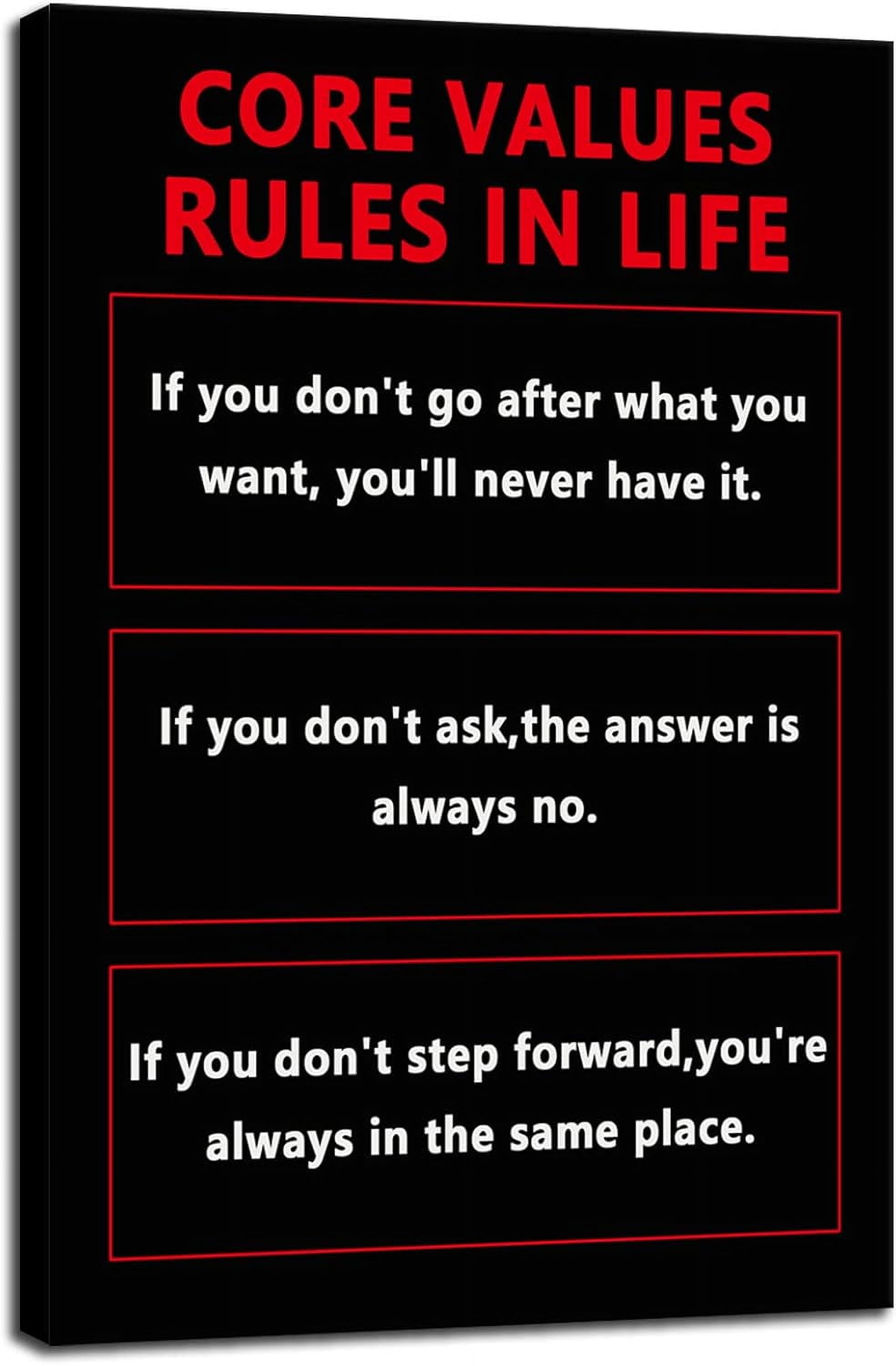 Inspirational Office Canvas Wall Art Core Values Rules In Life Poster ...