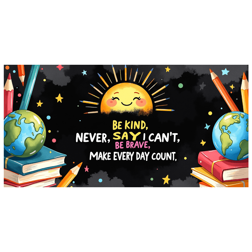 Inspirational Quote Banner with Sun Globe Pencils Books Decor ...