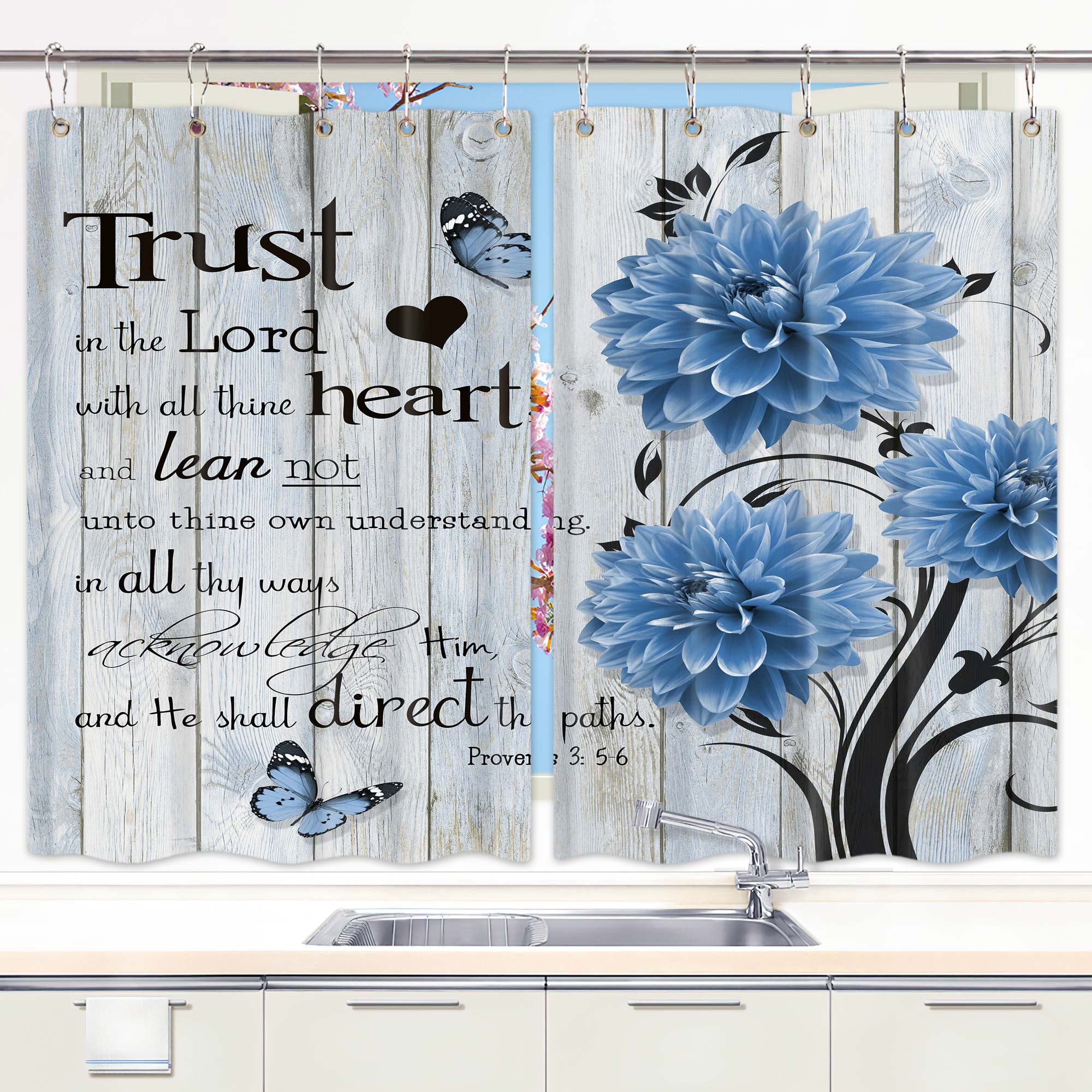 Inspirational Quote Kitchen Curtains, Farmhouse Flower Floral Bible ...