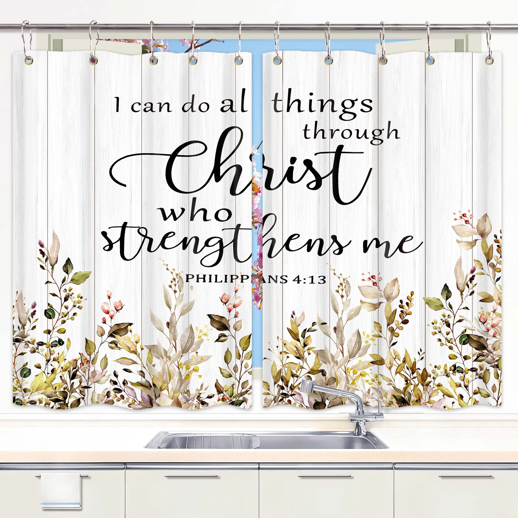 Inspirational Quote Kitchen Curtains, Watercolor Leaves Plant Floral ...