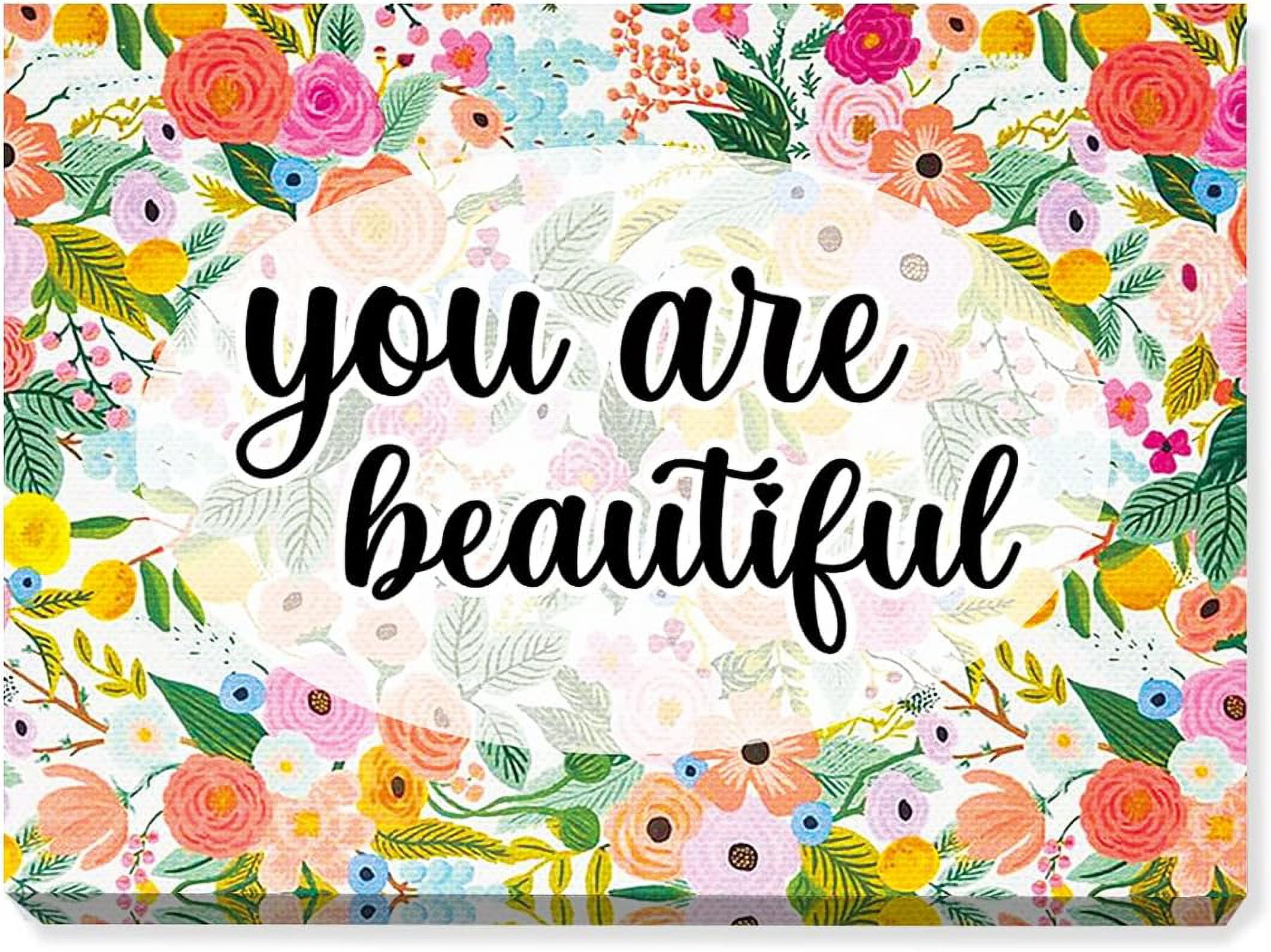 Inspirational Quote You Are Beautiful Canvas Wall Art,Colorful Flowers ...