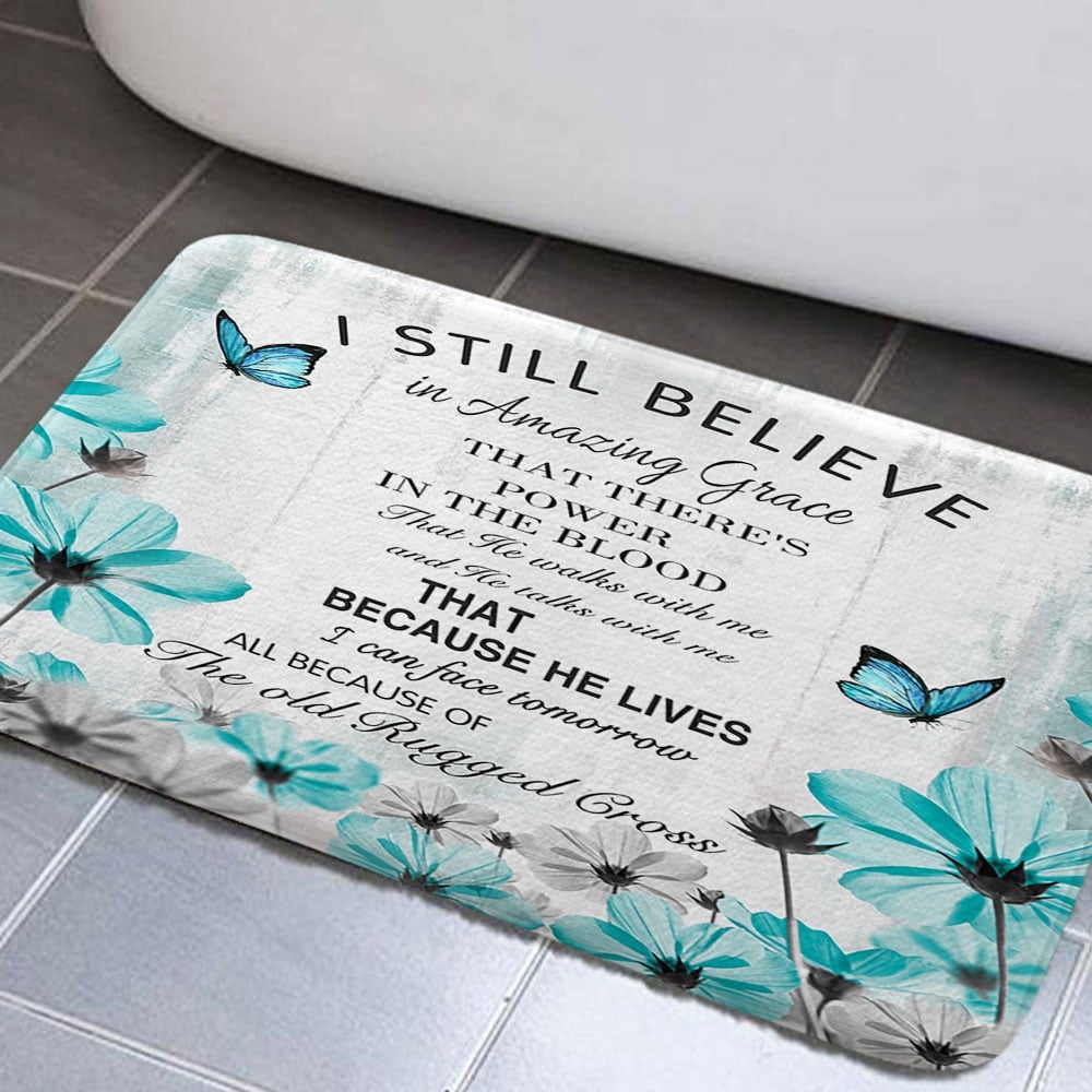 Inspirational Quotes Bathroom Rug Mat, Blue Butterfly White Cotton ...