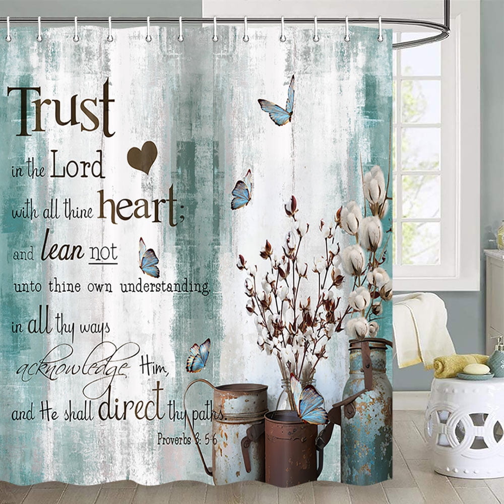 Inspirational Quotes Shower Curtain, Blue Butterfly White Cotton Flower ...