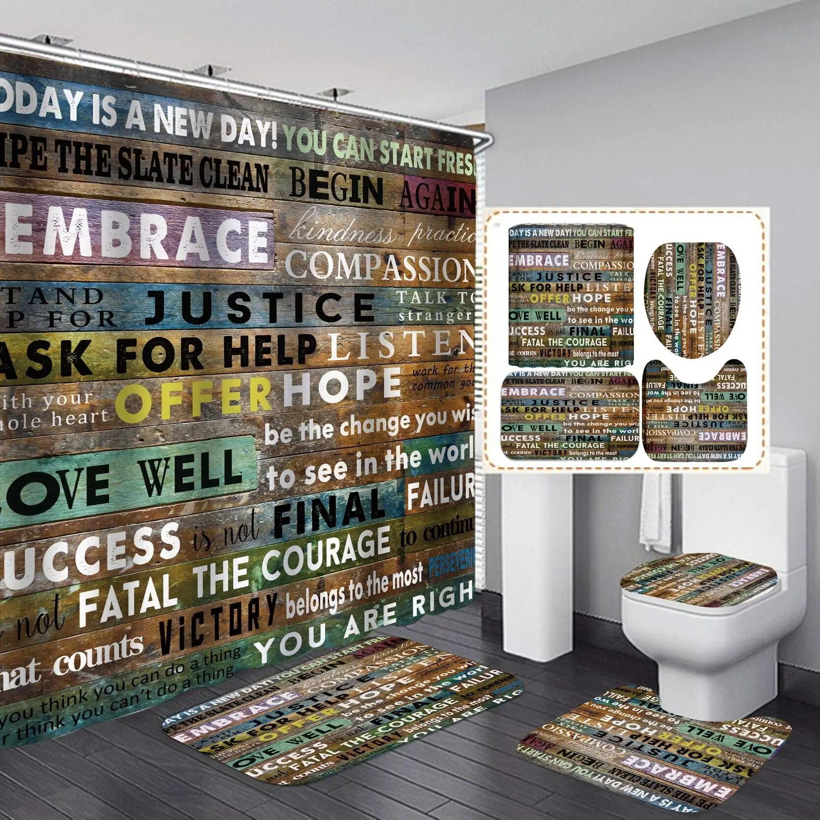Inspirational Quotes Shower Curtain Set Rug Toilet Lid Cover Bath Mat