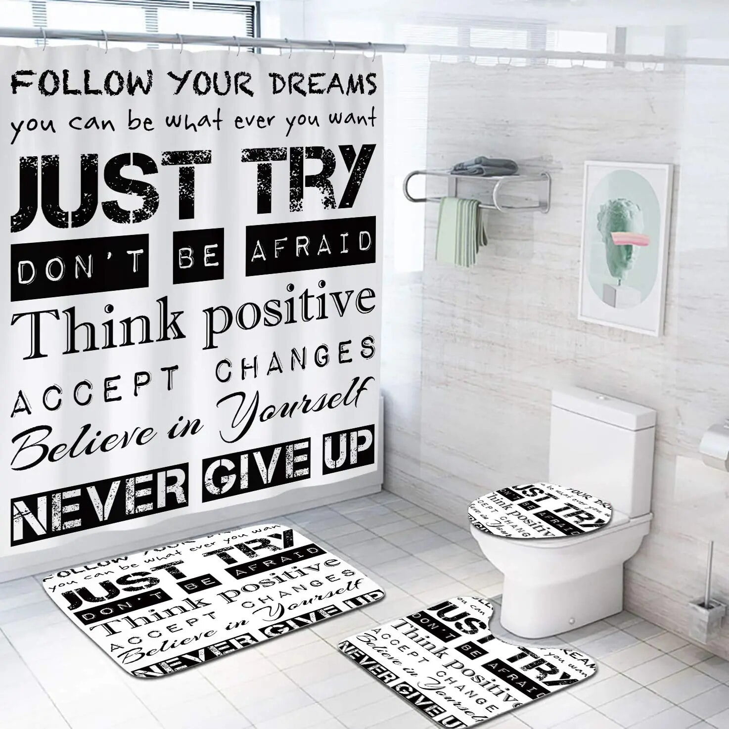 Inspirational Quotes Shower Curtain Set Rug Toilet Lid Cover Bath Mat