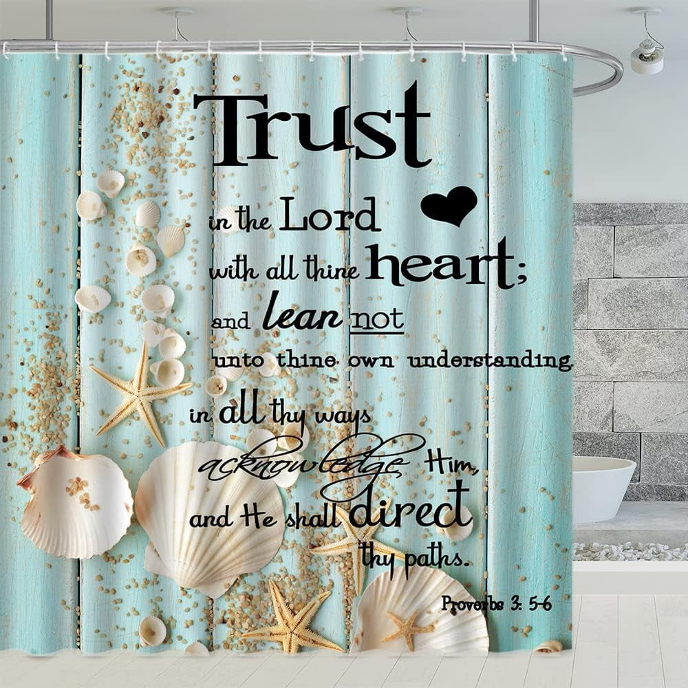 Inspirational Quotes Shower Curtains Starfish Seashells Ocean Blue Wood ...