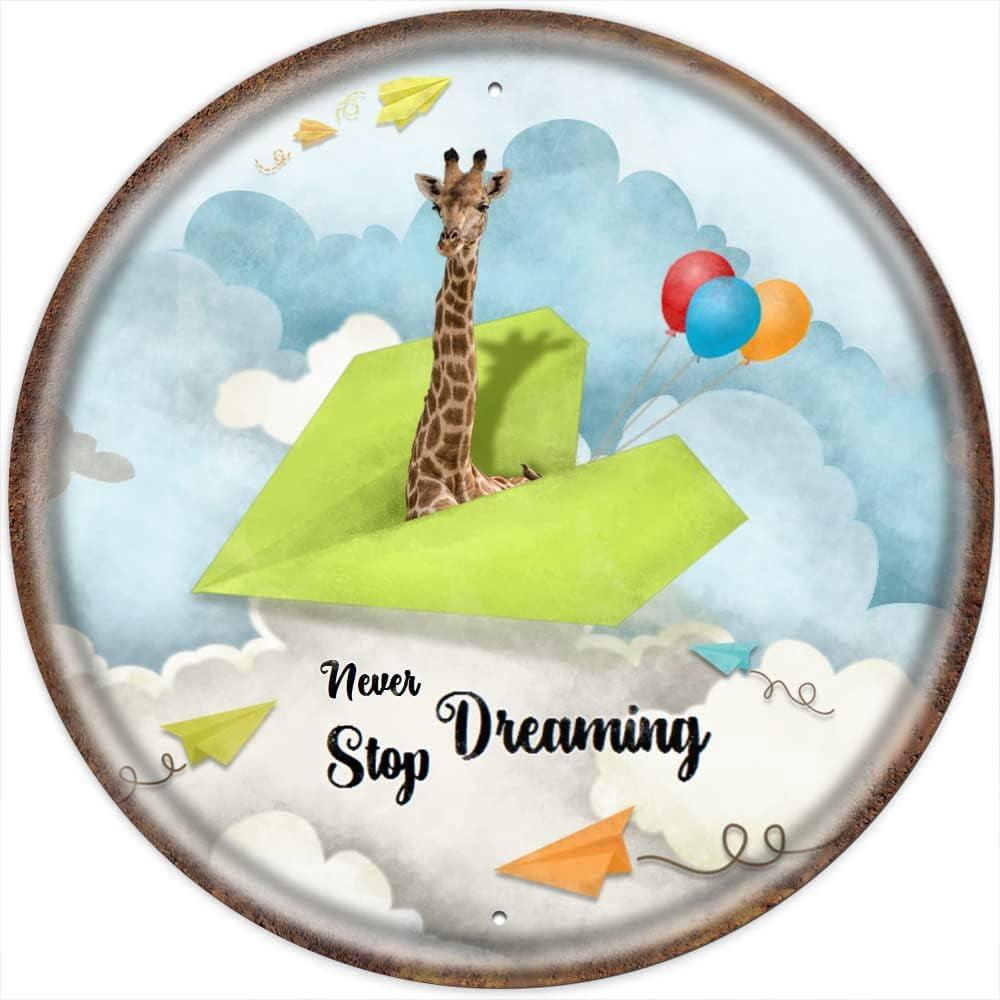 Inspirational Wall Art -Never Stop Dreaming,Giraffe Round Vintage Tin ...