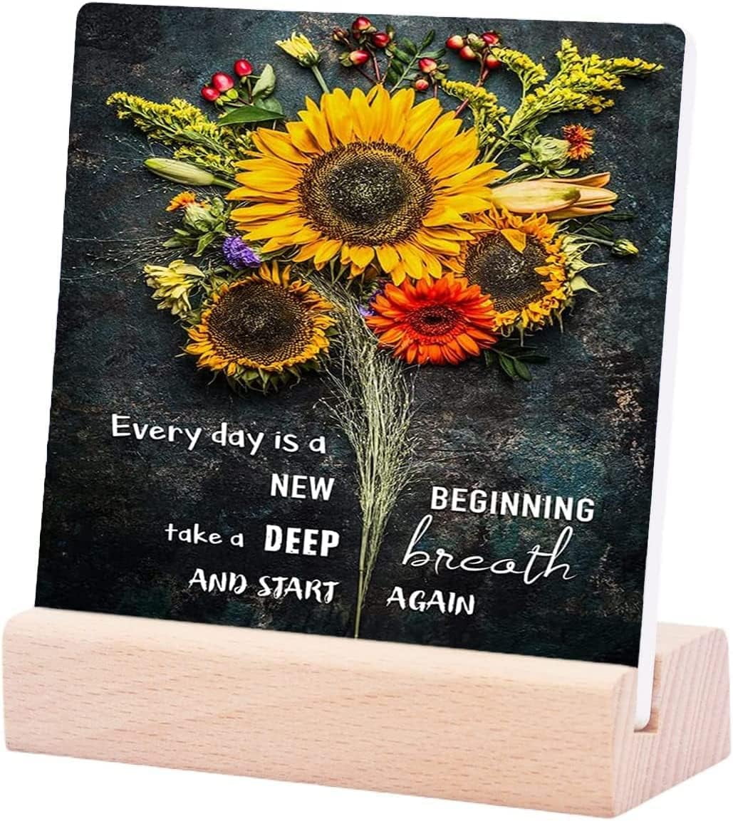 Inspirational Wall Art with Sunflower Ceramic Table Plaque With Wooden ...