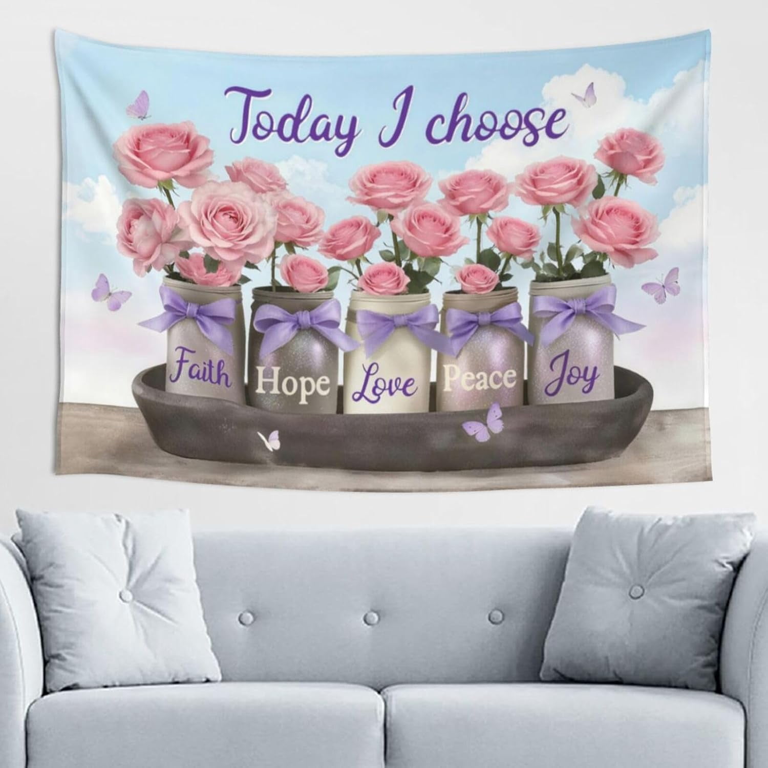 Inspirational Wall Tapestry, Faith Hope Love Peace Joy Quote with Mason ...