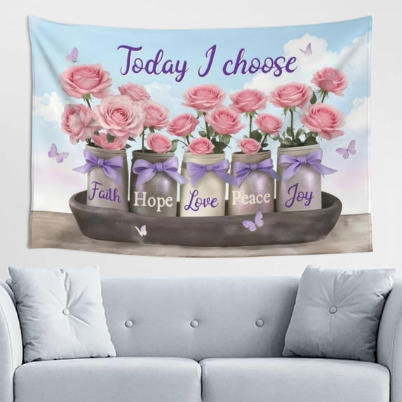 Inspirational Wall Tapestry, Faith Hope Love Peace Joy Quote with Mason ...