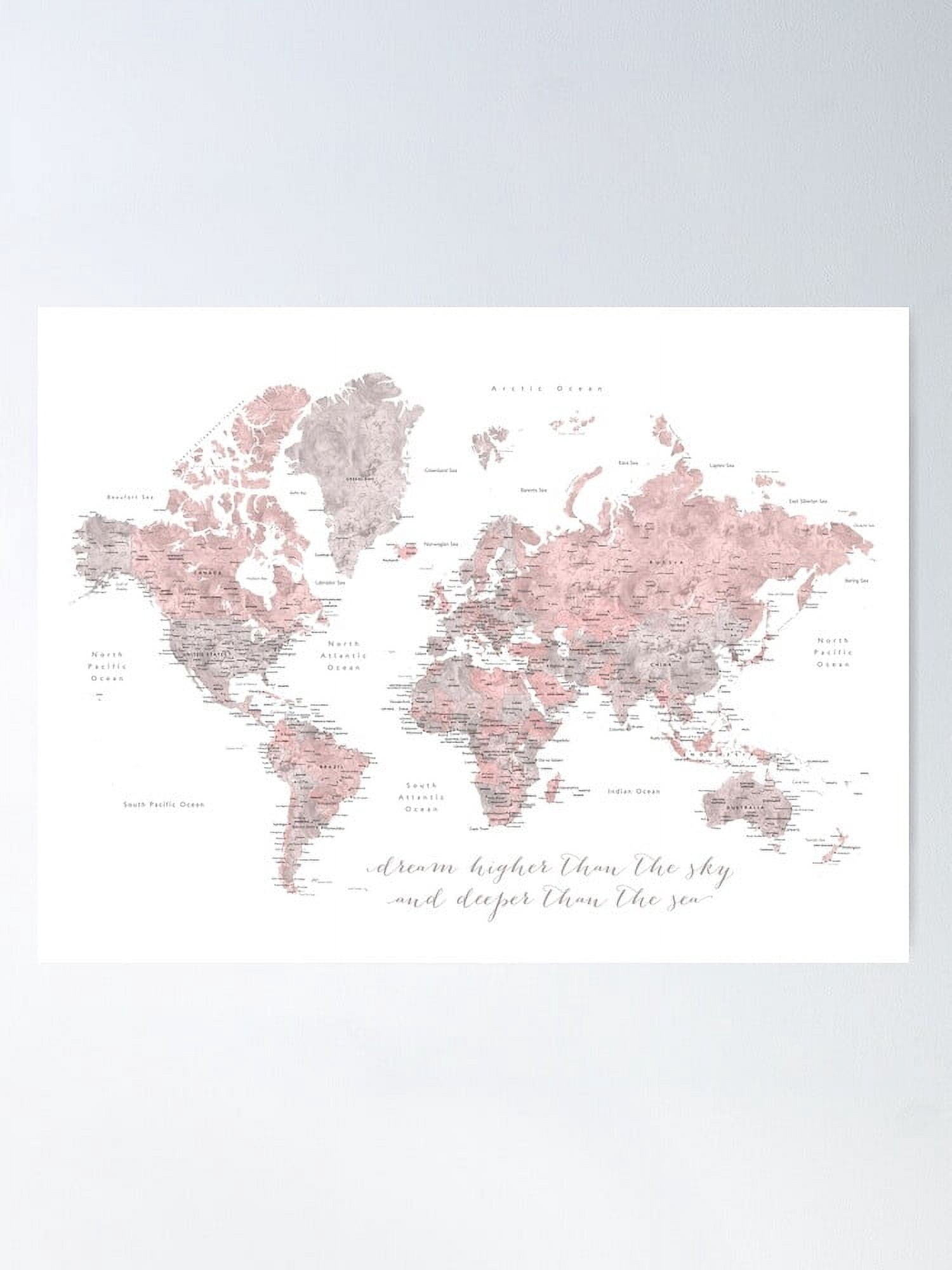 Inspirational watercolor world map with cities in dusty pink and grey ...