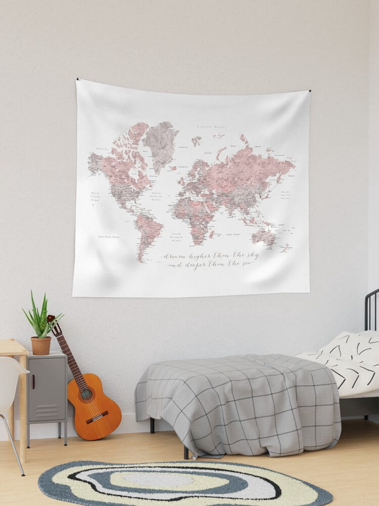 Inspirational watercolor world map with cities in dusty pink and grey ...