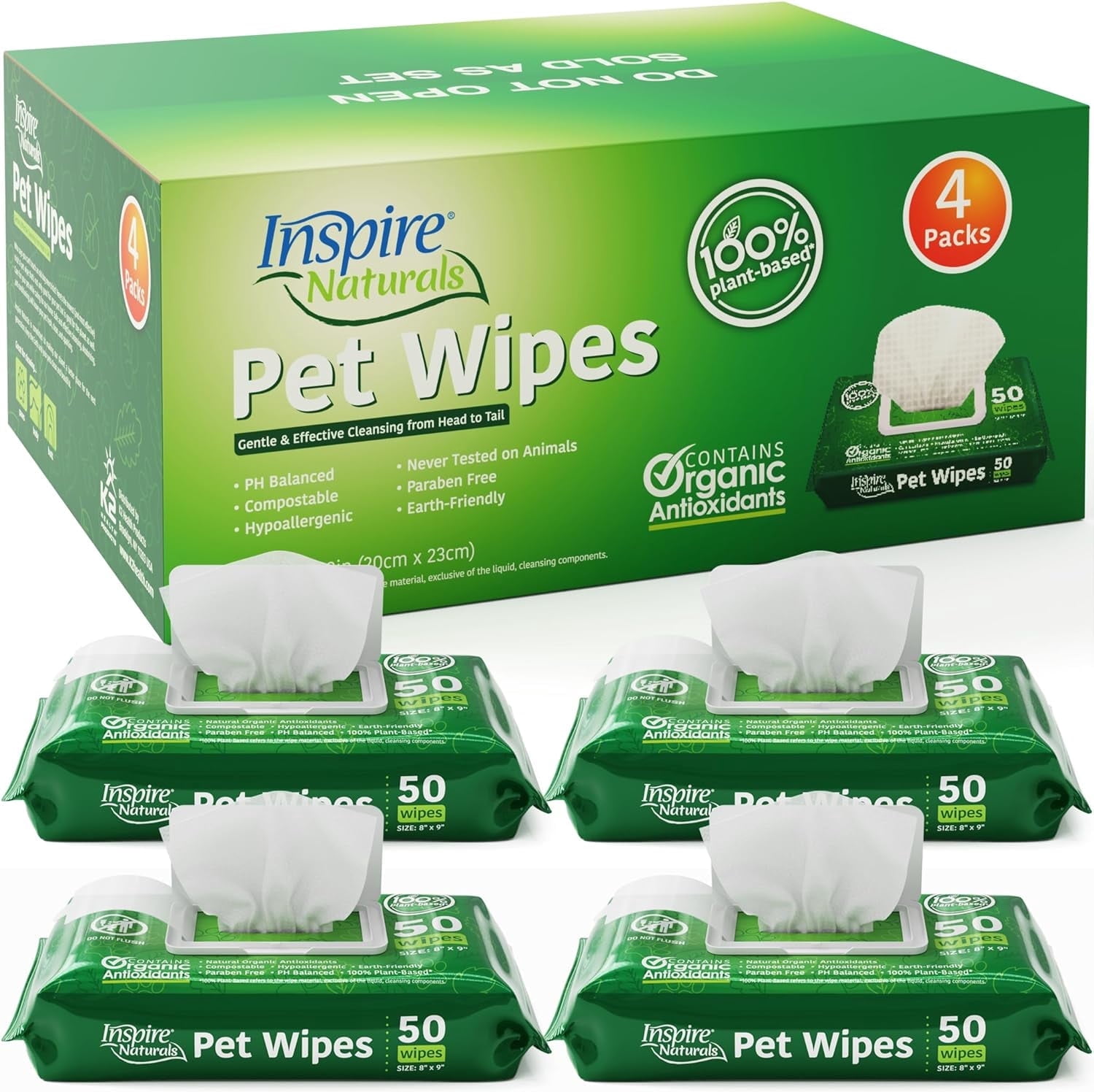 Inspire Naturals Hypoallergenic Pet Wipes, 100% Natural, 200ct - 4 Pack ...
