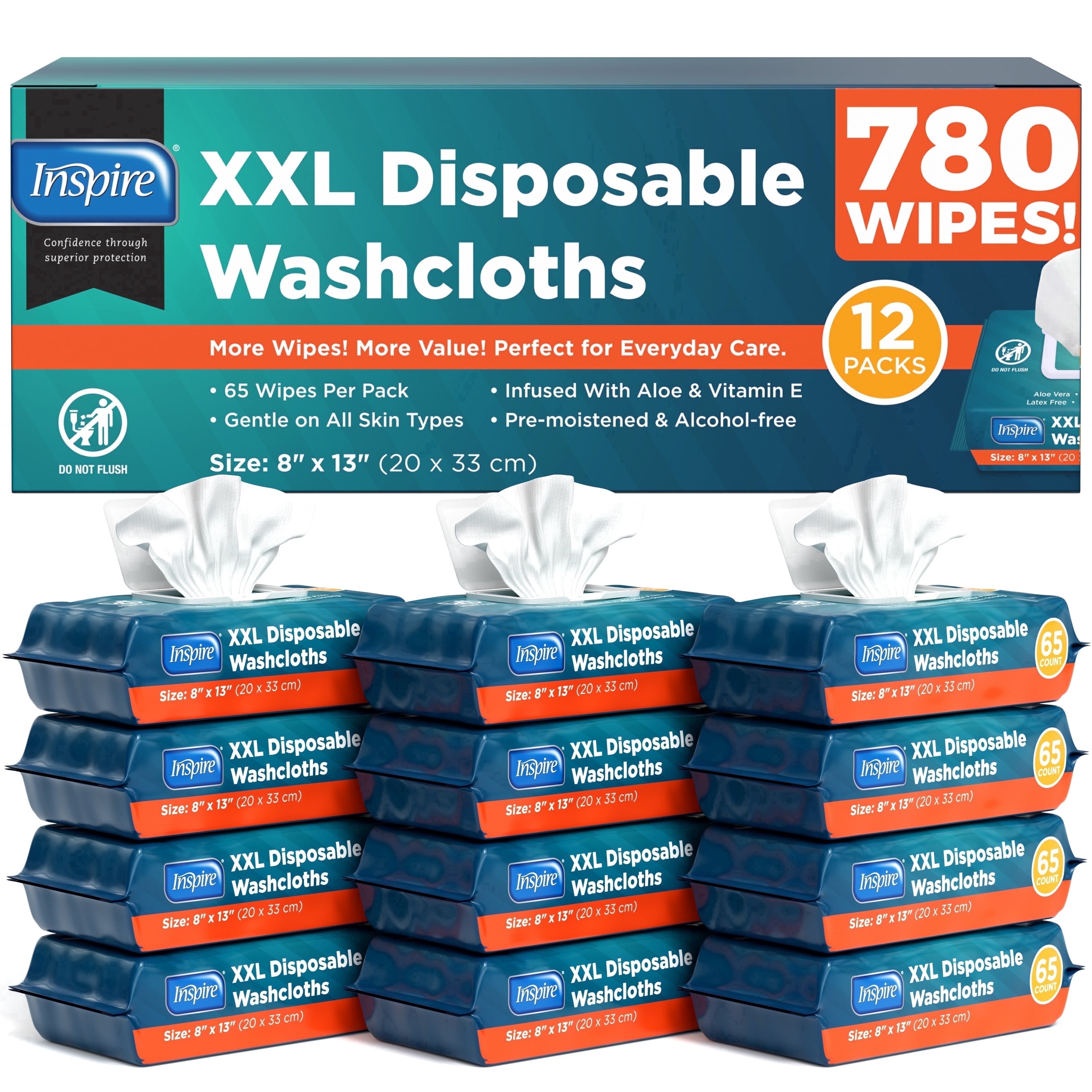 Inspire XL Disposable Washcloths 65 Count Package - Case of 12 Bags ...