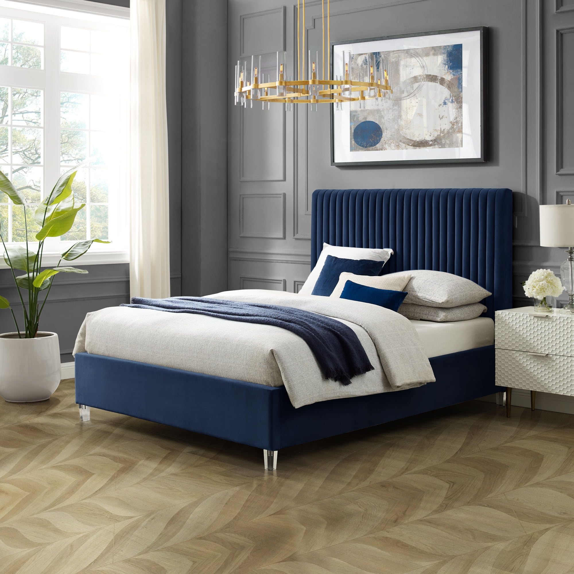 Inspired Home Caileigh Upholstered Velvet King Channel Tufted Bed with ...