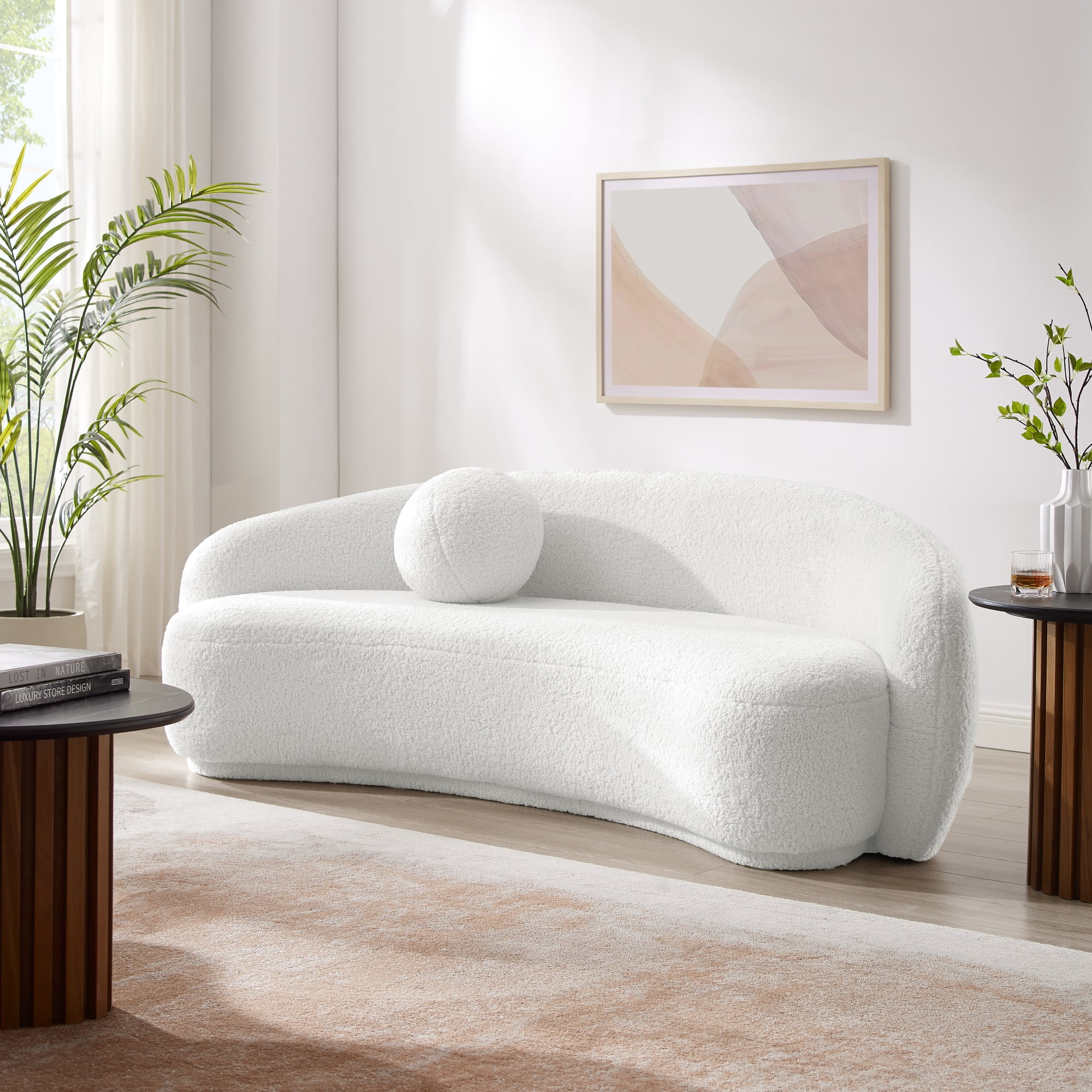 Inspired Home Ena White Upholstered Sherpa Curve Back Couch Sofa ...
