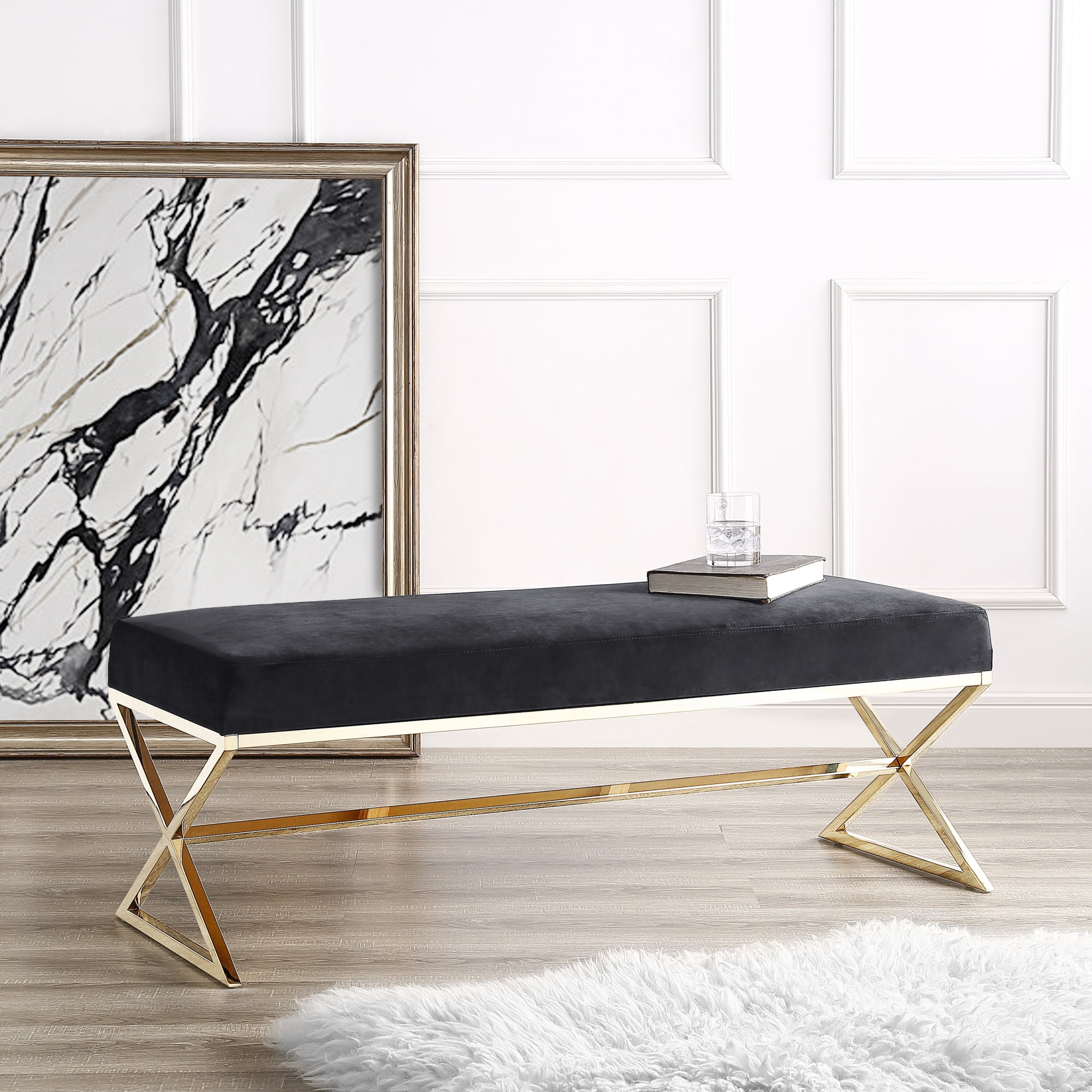 Inspired Home Frank Stainless Steel Velvet Bench Goldtone Legs Modern ...