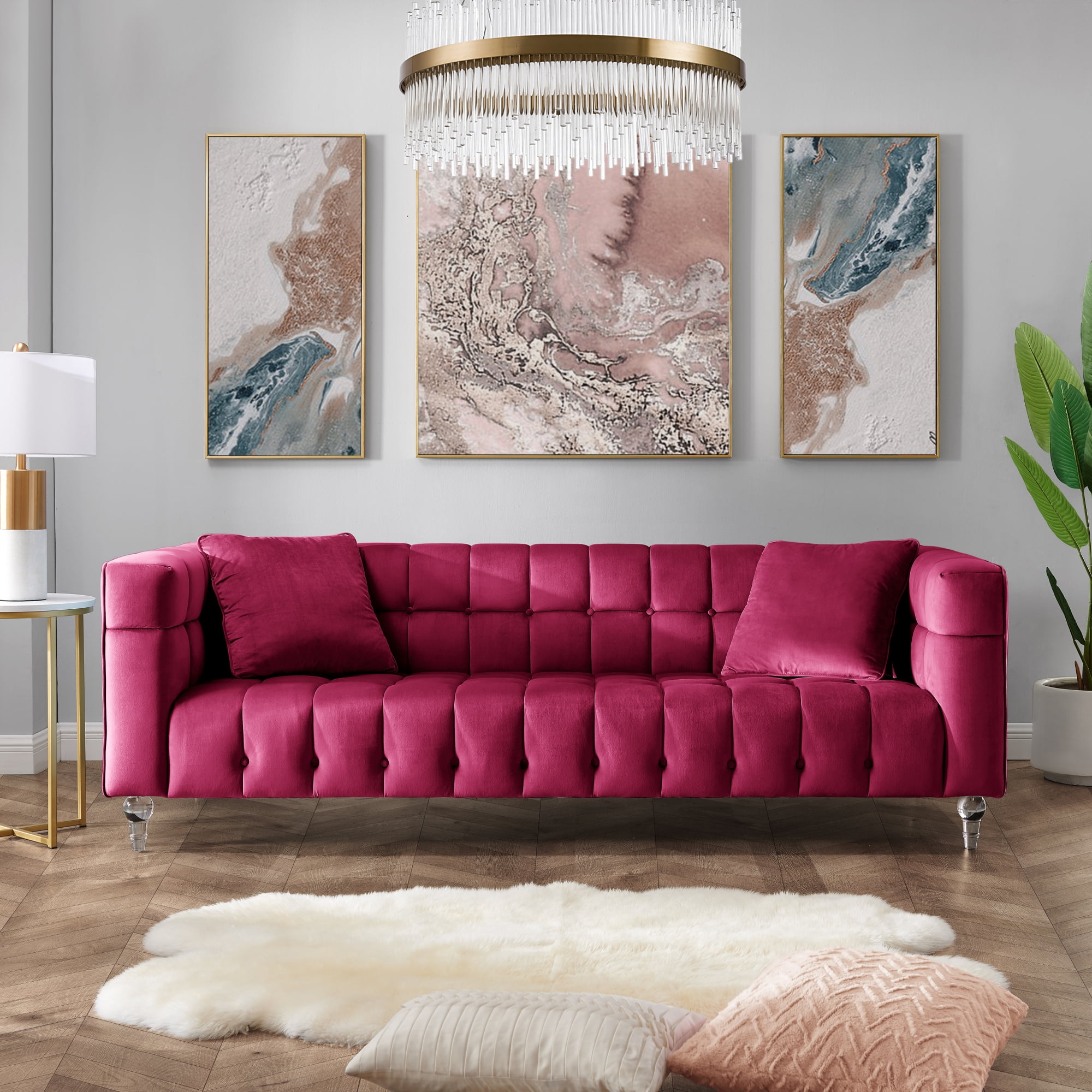 Inspired Home Grant Fuchsia Velvet Sofa - Biscuit Tufted | Lucite Leg ...