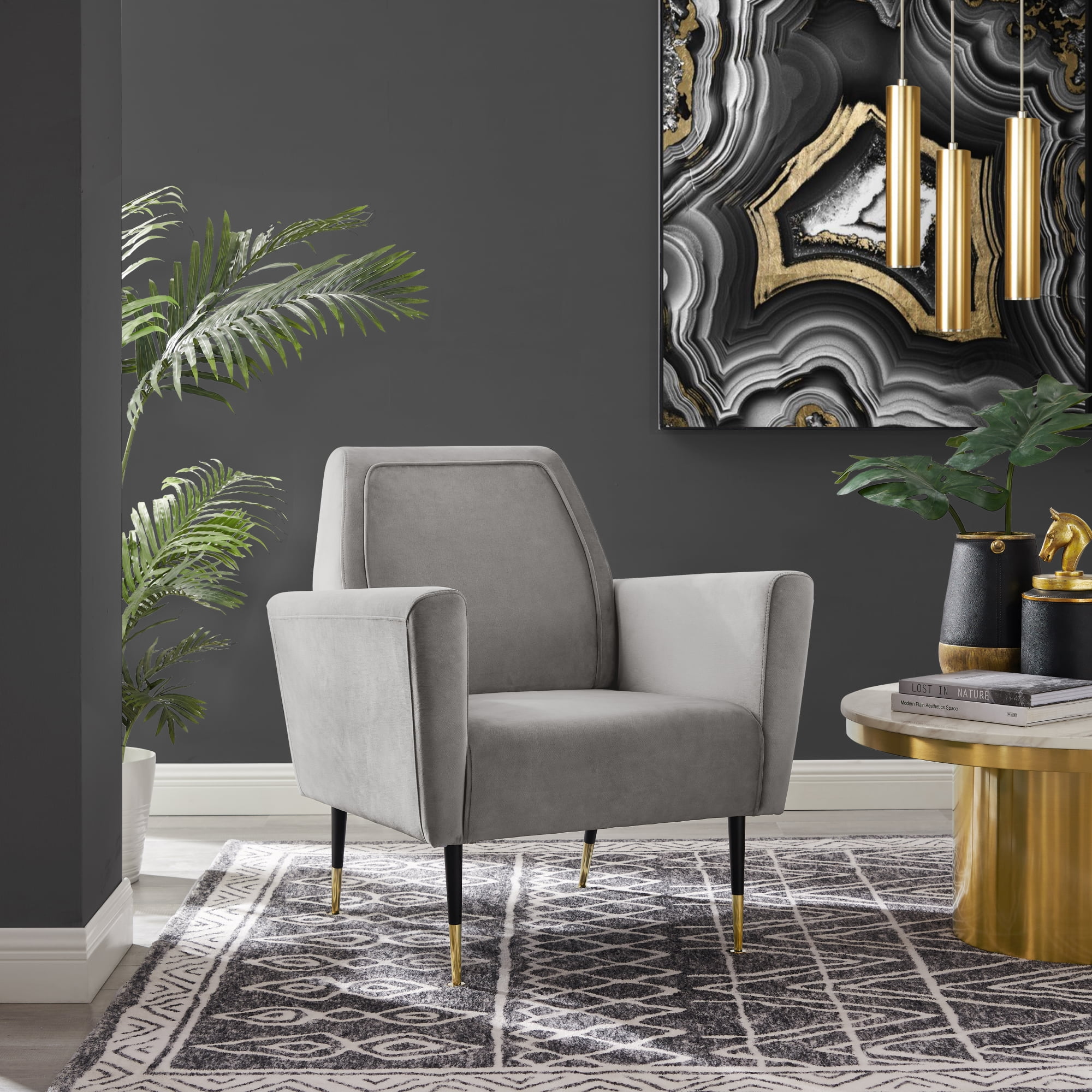 Inspired Home Kadin Velvet Accent Chair with Square Arms, Gray ...