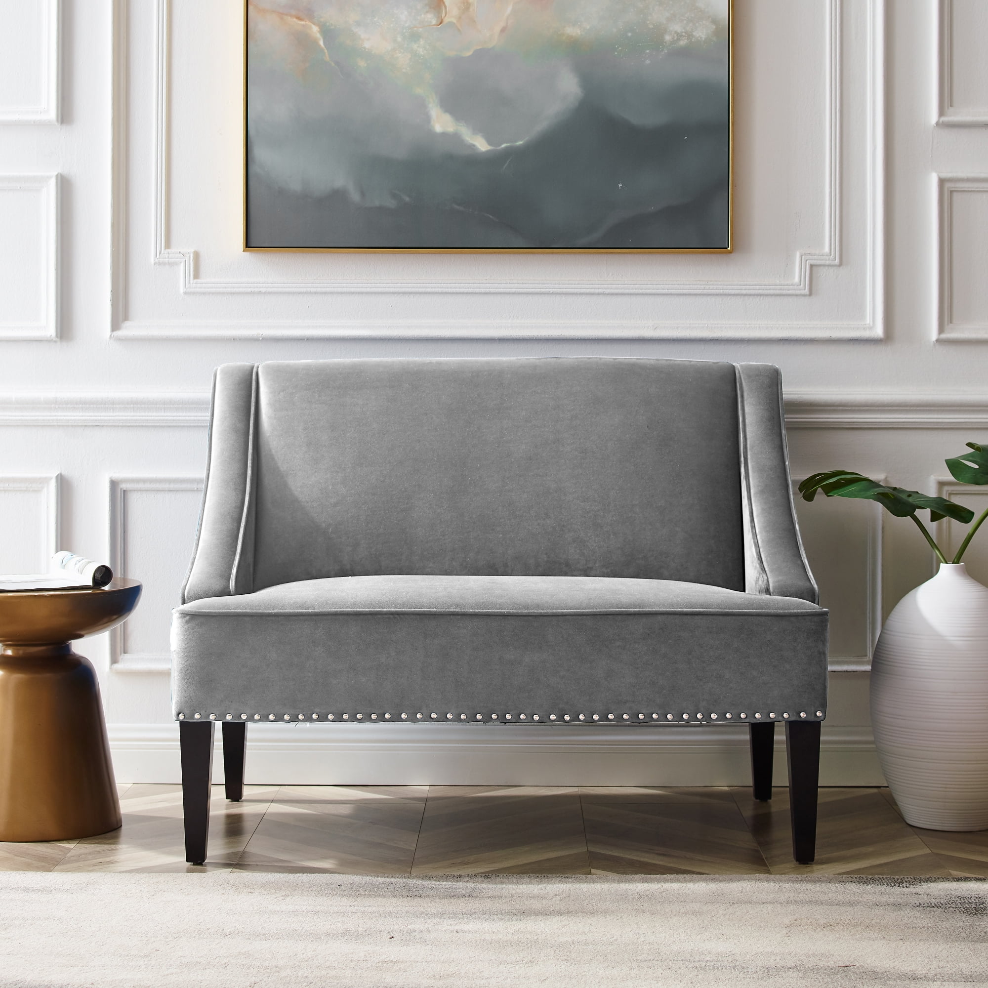 Inspired Home Rayna Grey Velvet Bench - Upholstered | Swoop Arm ...