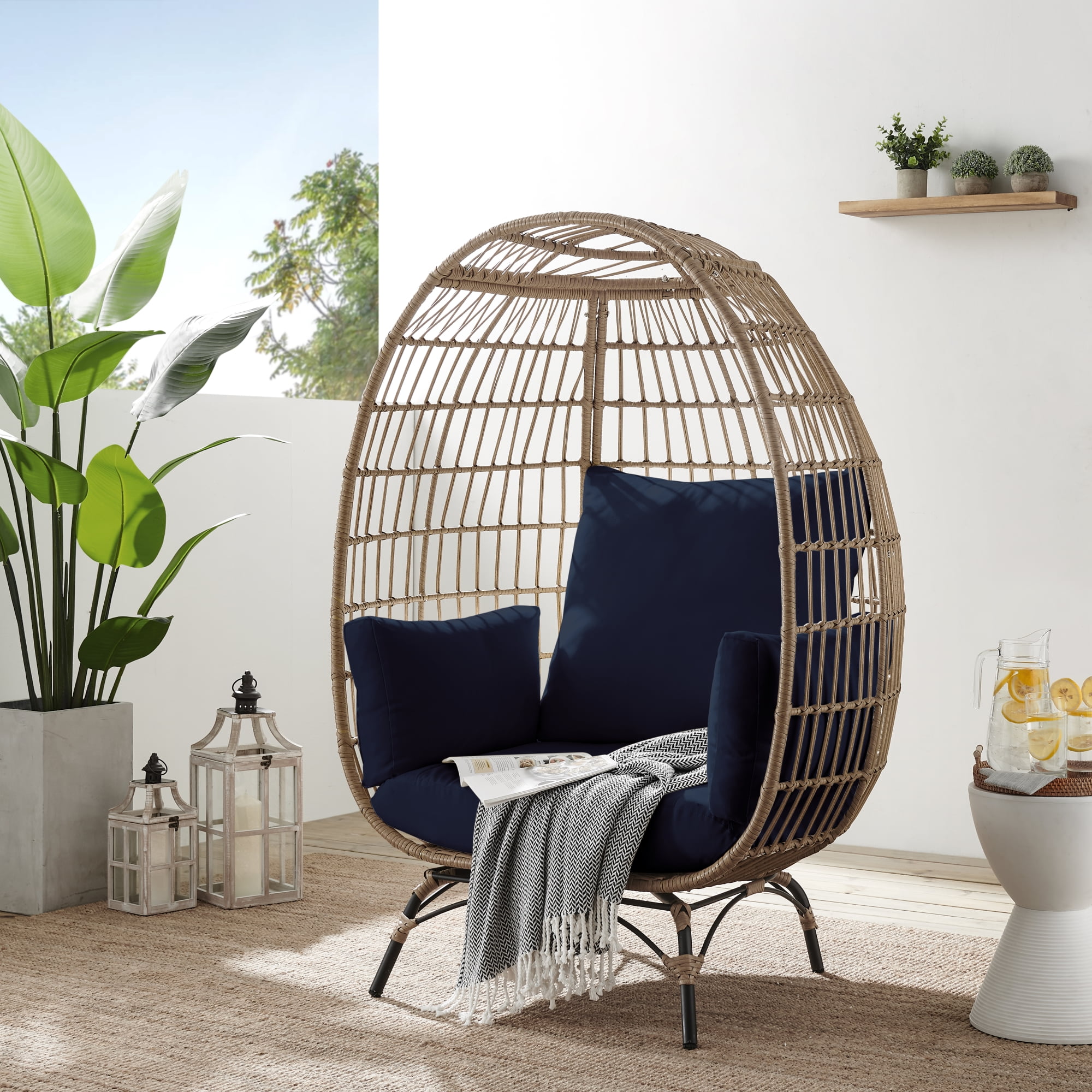 Inspired Home Rhodes Rattan Wicker Egg Chair with Cushion, Navy ...