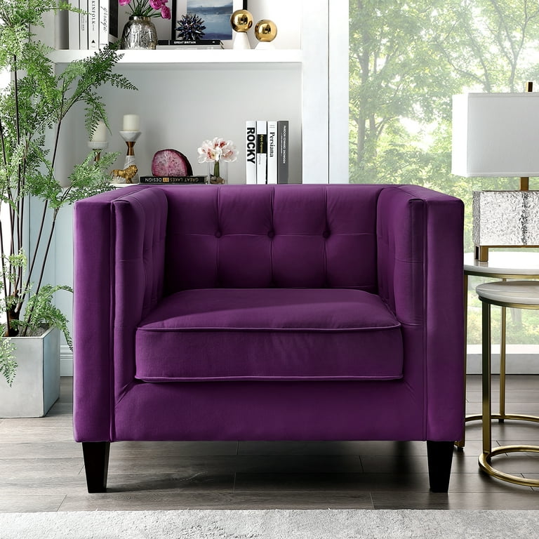Inspired Home Rin Velvet Club Chair or Sofa Tufted Square Arms Tapered Legs Modern Purple