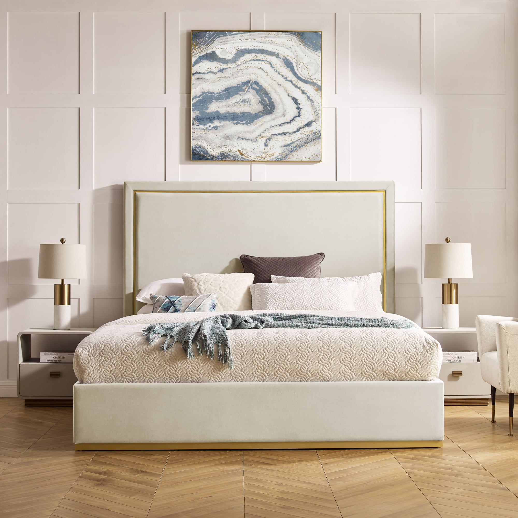 Inspired Home Roxana Upholstered Velvet Contemporary King Bed with Gold Base Frame Beige
