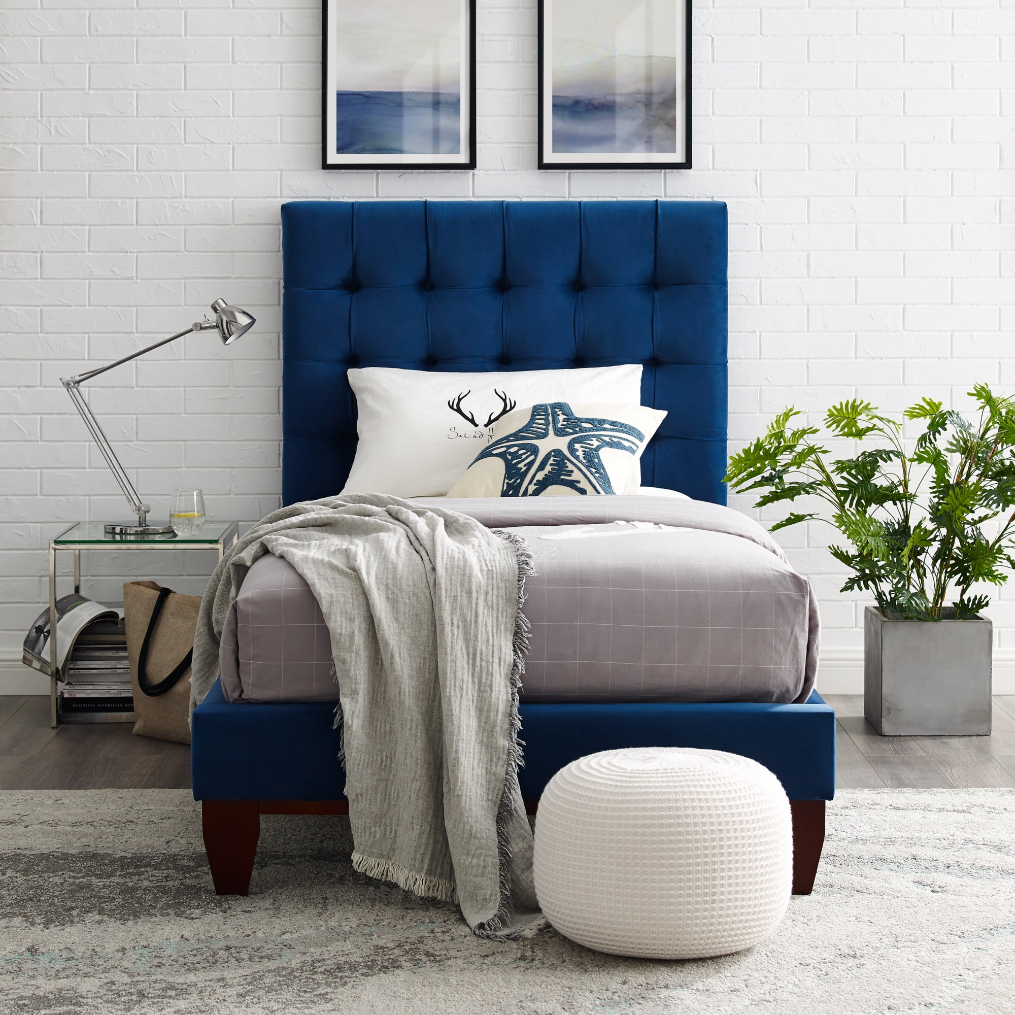 Inspired Home Saverio Velvet Platform Bedframe Twin Size Tufted, Navy ...