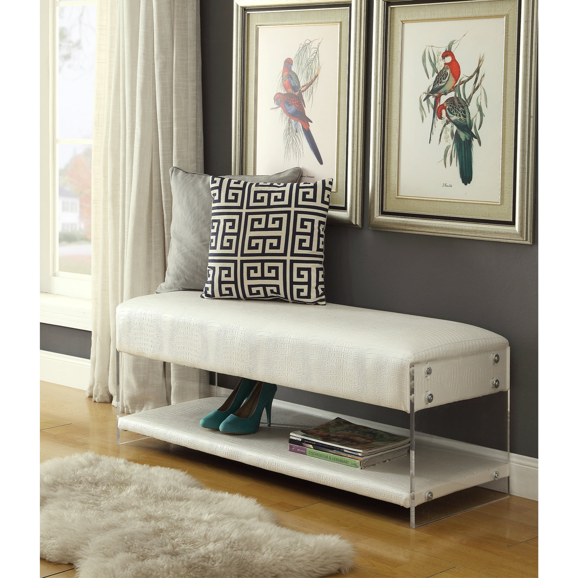 Inspired Home Zephyra Galileo Leather Bench Acrylic Sides Bottom Shelf ...