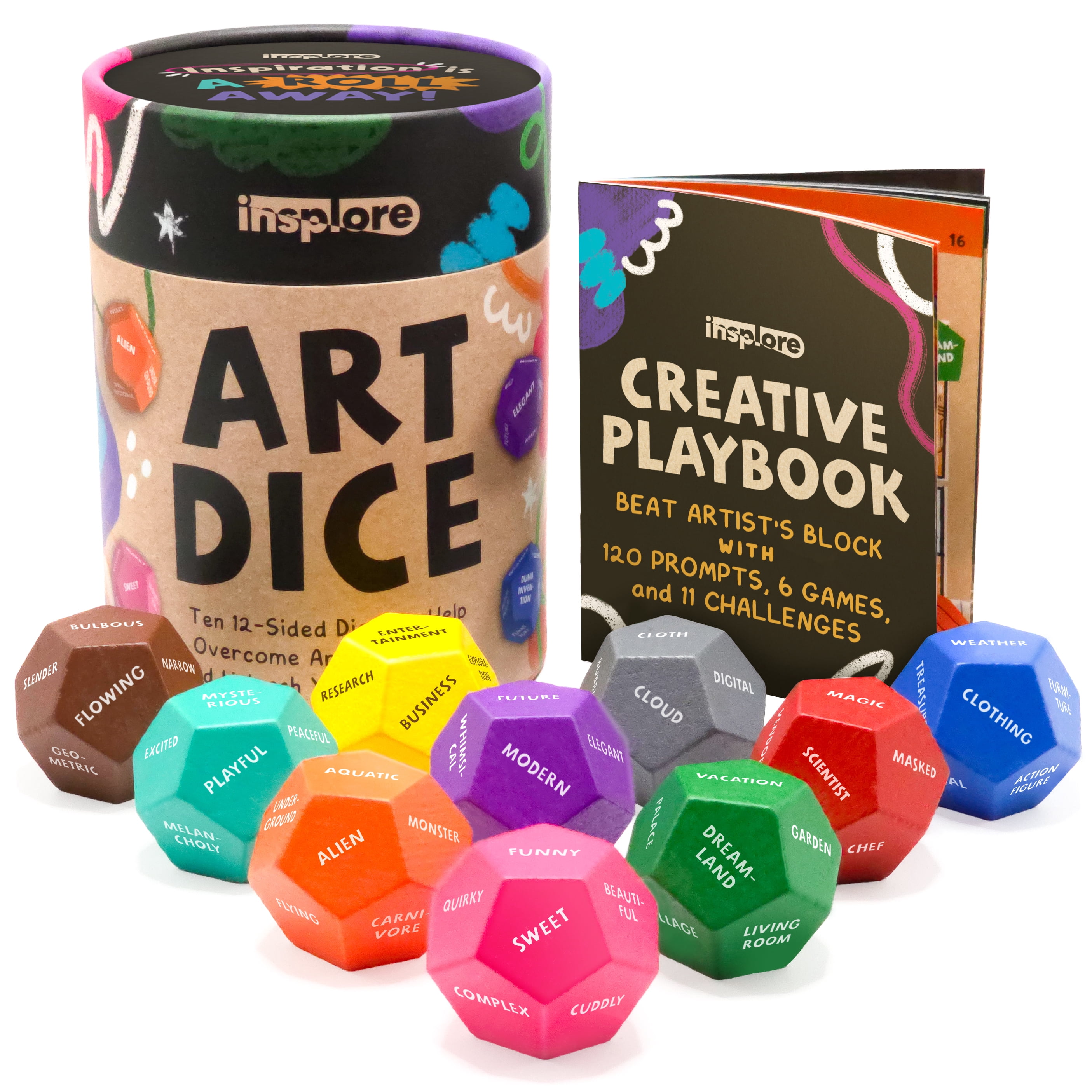 Insplore Art Dice – 12-Sided Wooden Dice with 120 Prompts to Help You ...
