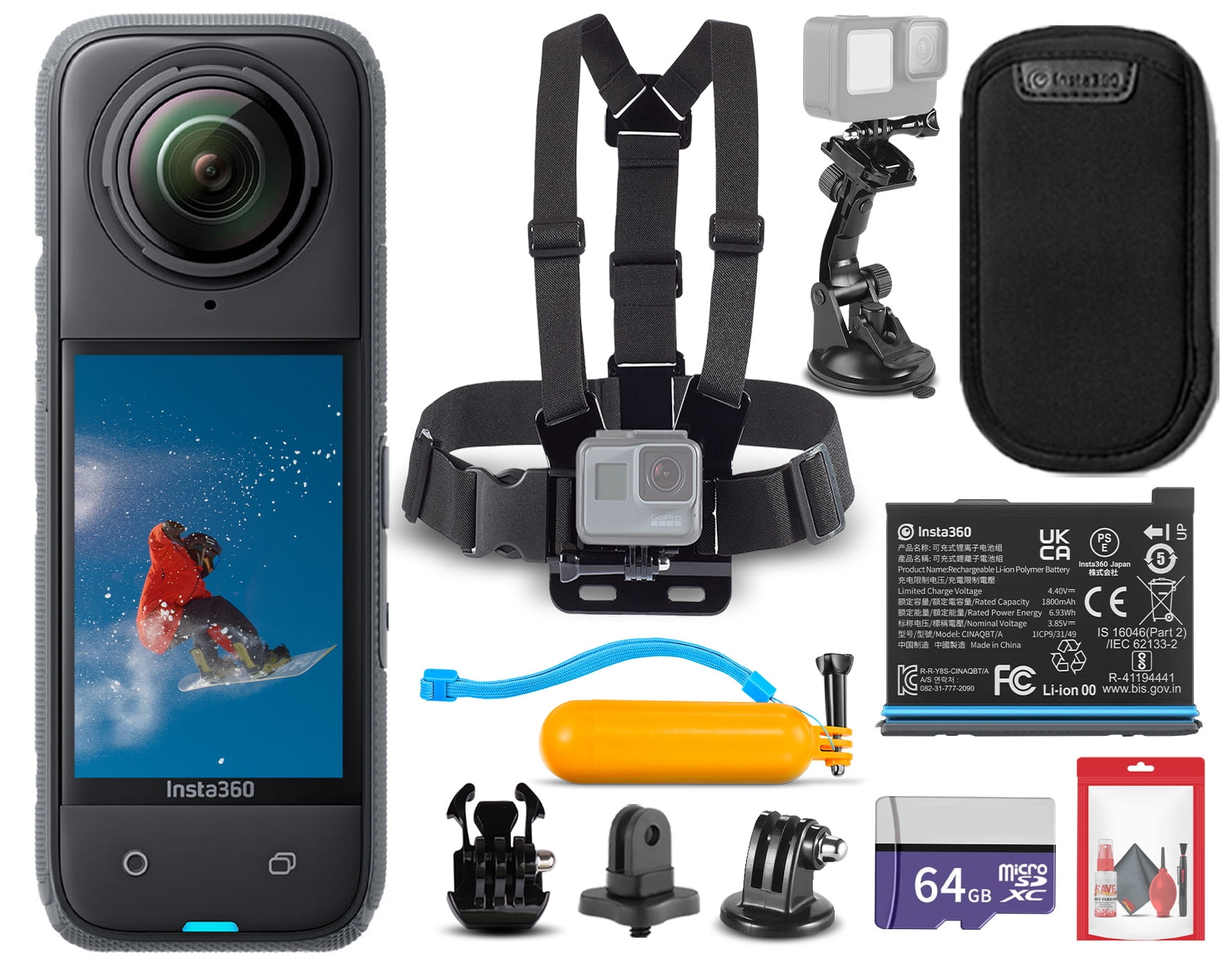 Insta360 X4 Waterproof 360 Action Camera + 50-in-1 Accessory Kit + 64GB ...