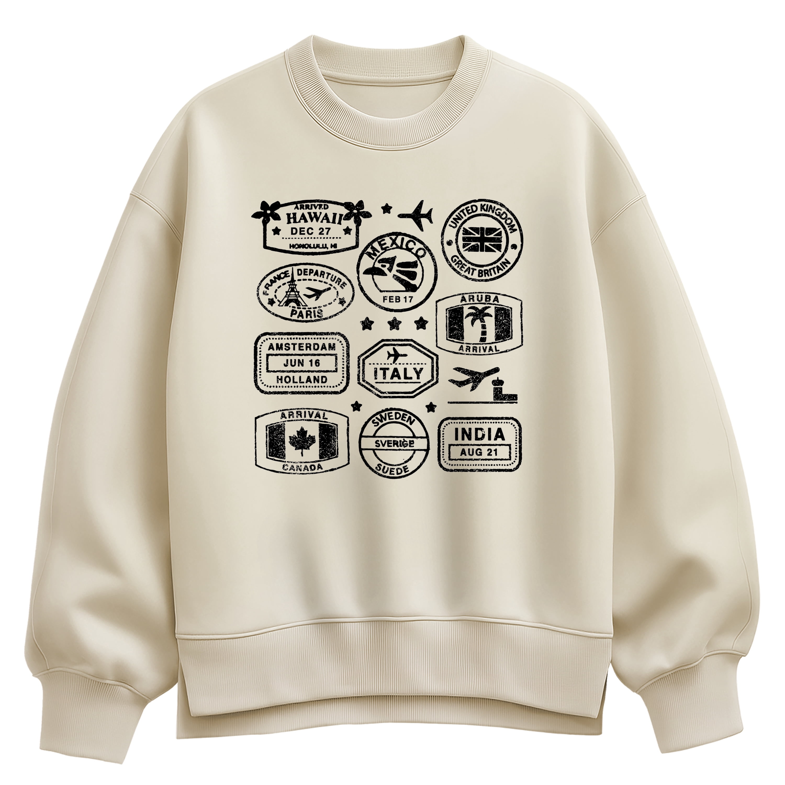 Instant Message - Passport Stamps - Women's Oversized Fleece Crew ...