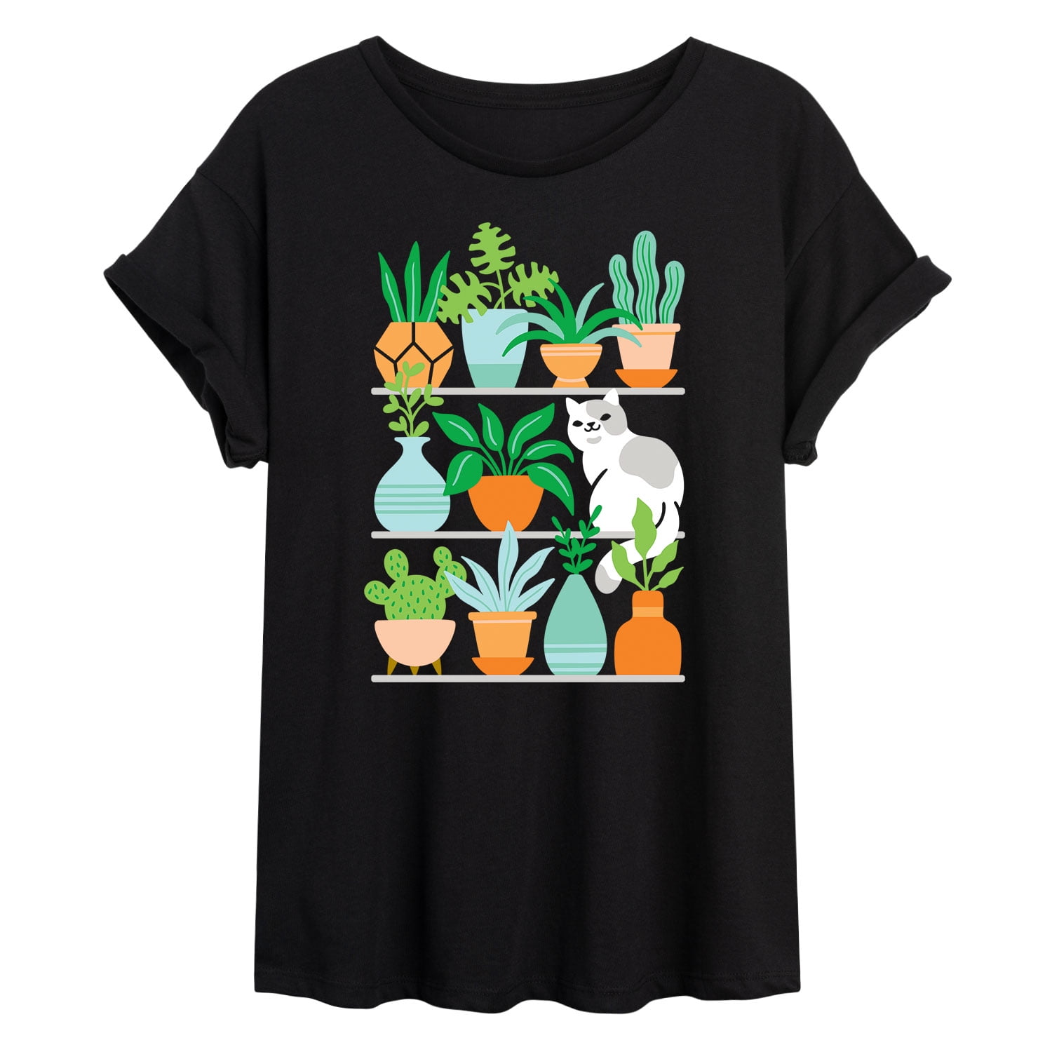 Instant Message - Succulents Cat on Shelves - Juniors Oversized Graphic ...
