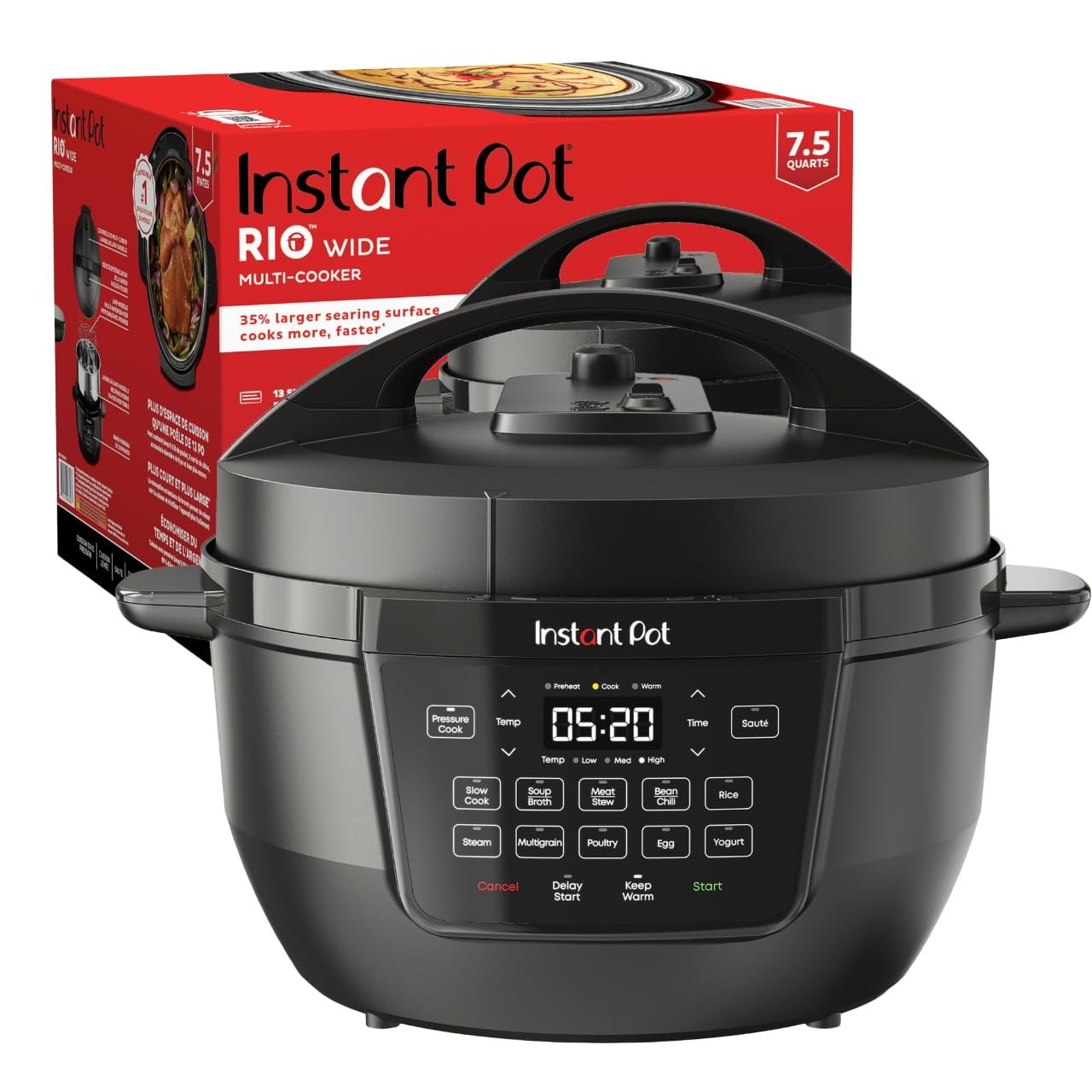 Instant Pot RIO Wide Base, 7.5 Quarts, Large Searing Base, WhisperQuiet ...