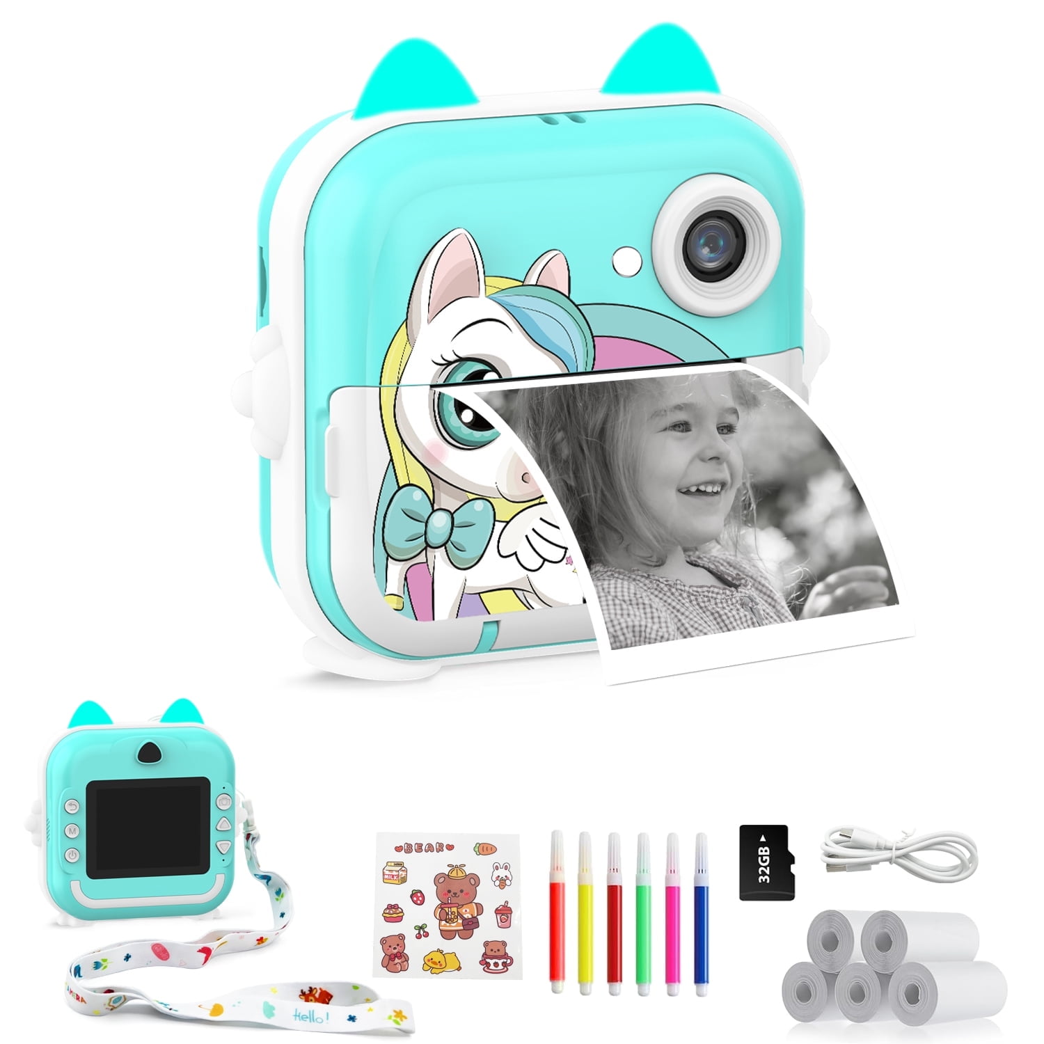 Instant Print Camera for Kids, Selfie Camera with 5 Rolls Print Paper ...