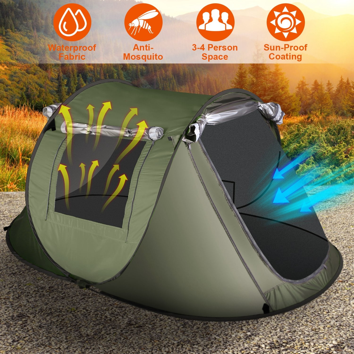 Instant Tent Pop Up Tent TeqHome 3-4 Person Camp Tent Waterproof with 4 Mosquito Net Windows ...