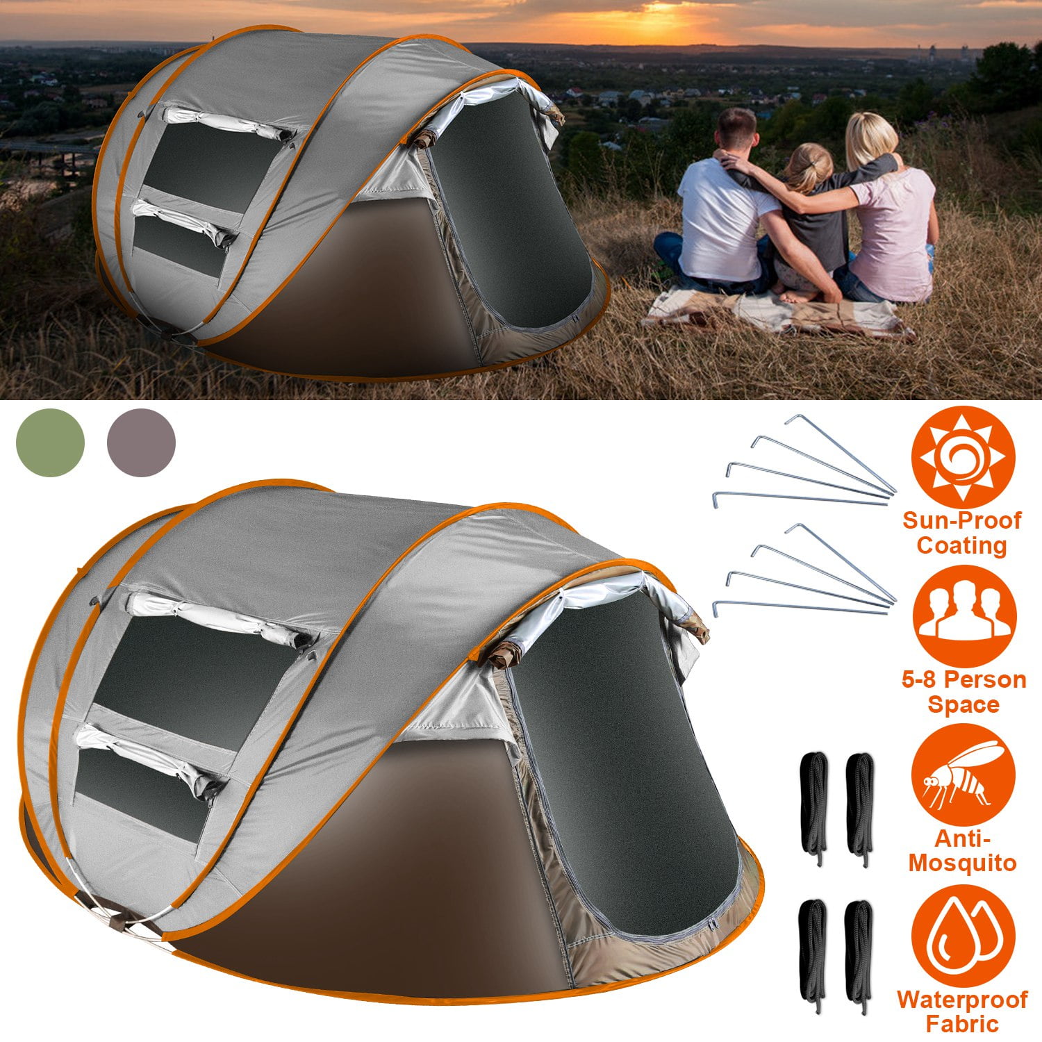 TeqHome 5-8 Person Pop Up Tents for Camping Waterproof Instant Tent with 4 Mosquito Net Windows ...