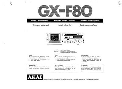 Instruction Manual ONLY for Akai GX-F80 Cassette Deck Owners Instruction Manual REPRINT ...