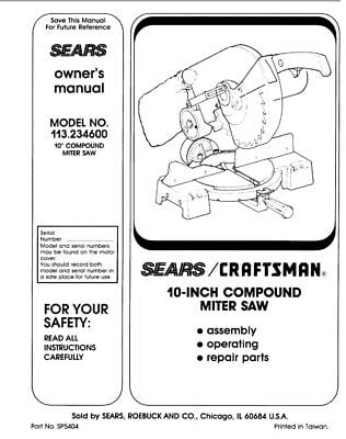 Instruction Manual ONLY for Craftsman 113.234600 Miter Saw Owners ...