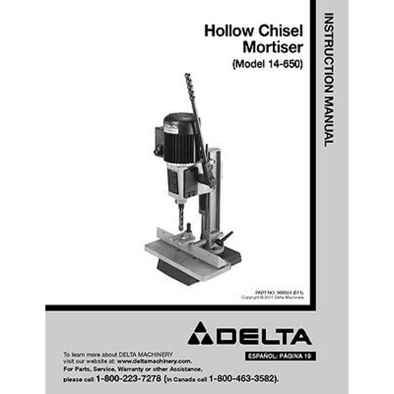 Instruction Manual ONLY for Delta 14-650 Hollow Chisel Mortiser ...