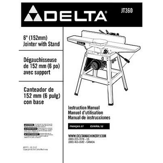 Instruction Manual ONLY for Delta JT360 6" Jointer with Stand ...
