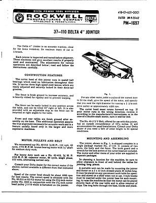 Instruction Manual ONLY for Delta Rockwell 37-110 4" Jointer - Parts ...