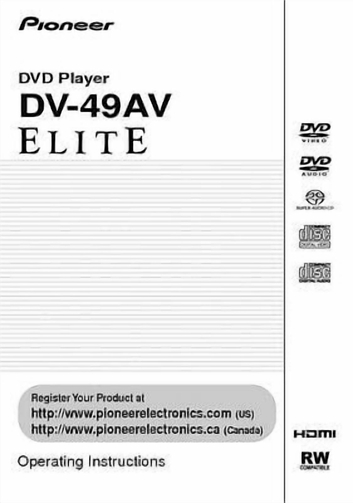 Instruction Manual ONLY for Pioneer DV-49AV DVD Player Owners Manual ...