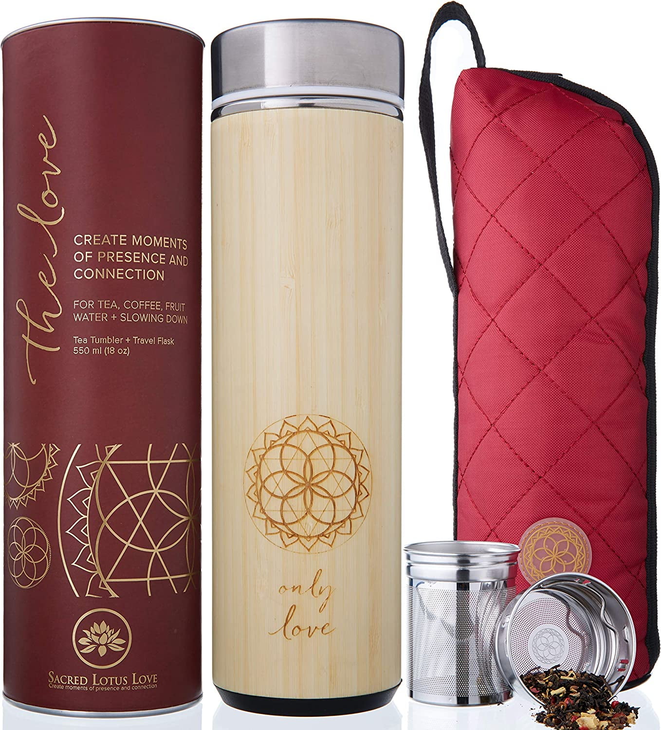 Insulated Bamboo Tea Travel Tumbler with Infuser, Strainer & Sleeve ...