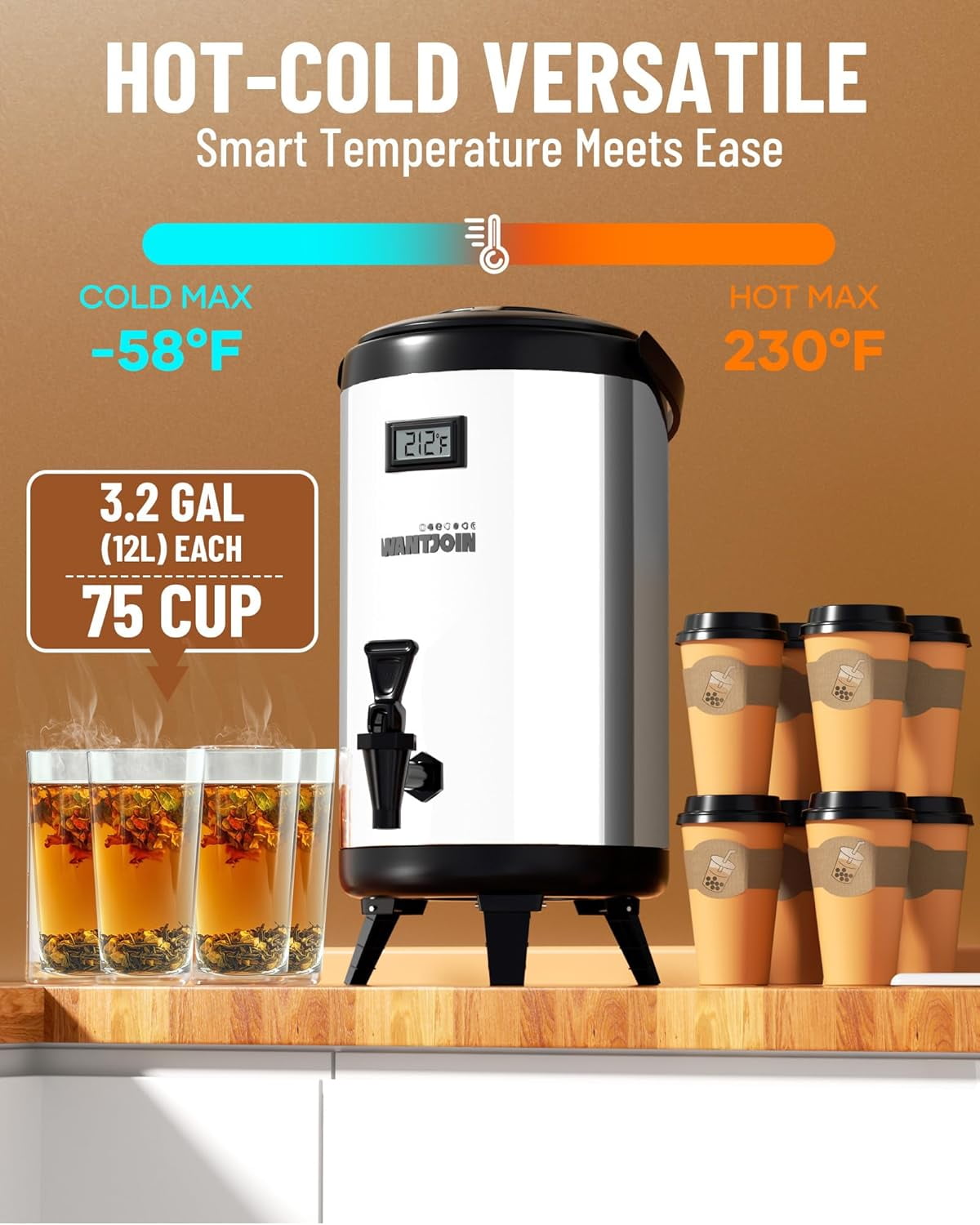 Insulated Beverage Dispenser - 12L Stainless Steel Hot Cold Water Urn ...