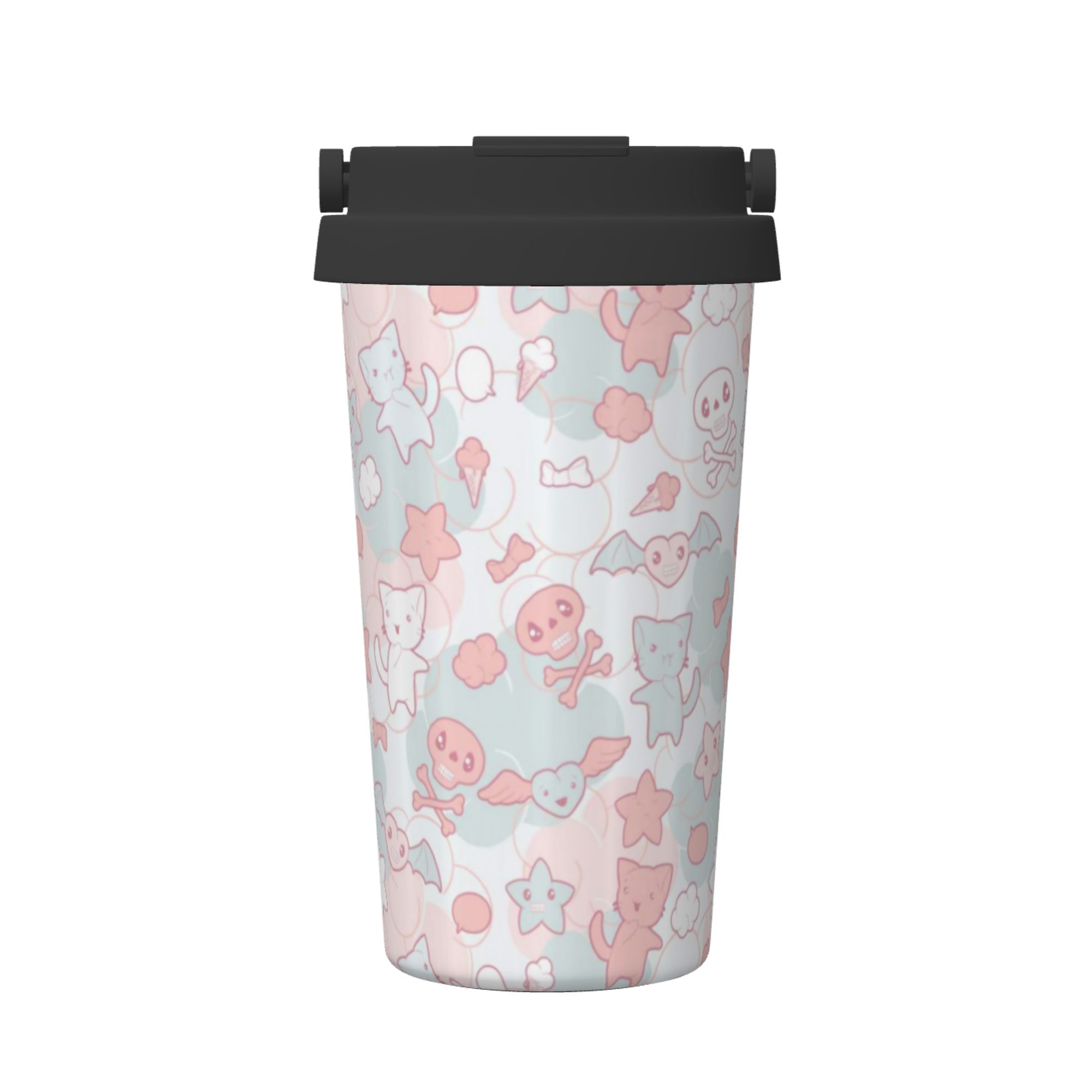 Insulated Coffee Mug With Lid Cute Cats Bats And Skulls Japanese Kawaii ...