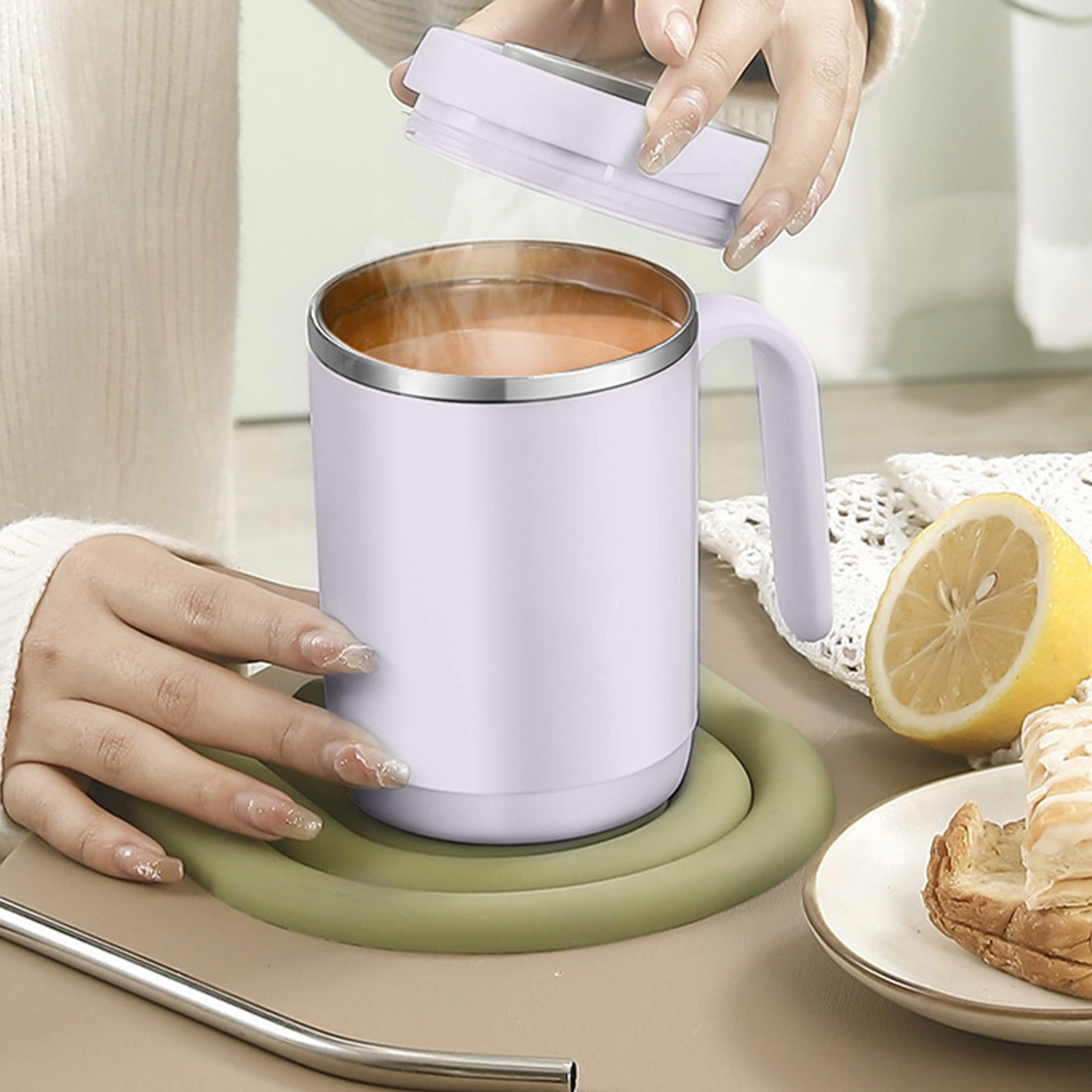 Insulated Coffee Mug w/ Handle and Sliding Lid,Double-Walled Stainless ...